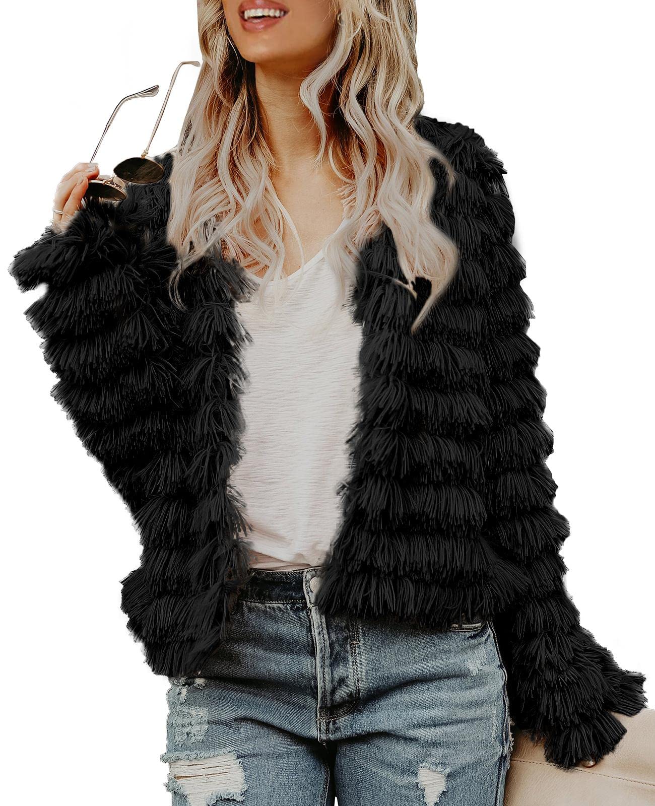 Womens Open Front Faux Fur Cardigan Vintage Parka Shaggy Jacket Coat Black X-Large