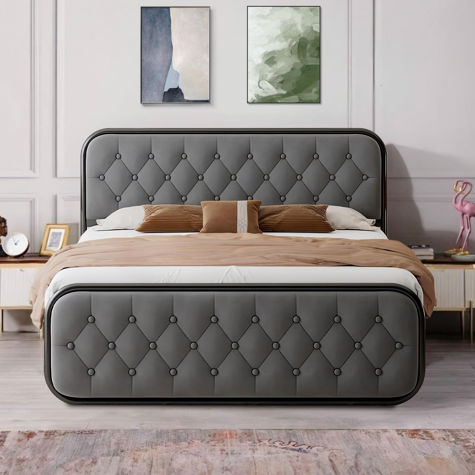 yoyomax Queen Size Bed Frame with Velvet Button Tufted Headboard, Heavy Duty Bed Frame Platform with Strong Metal Slats,12" Under-Bed Storage, Noise-Free & No Box Spring Need,Easy Assembly, Grey