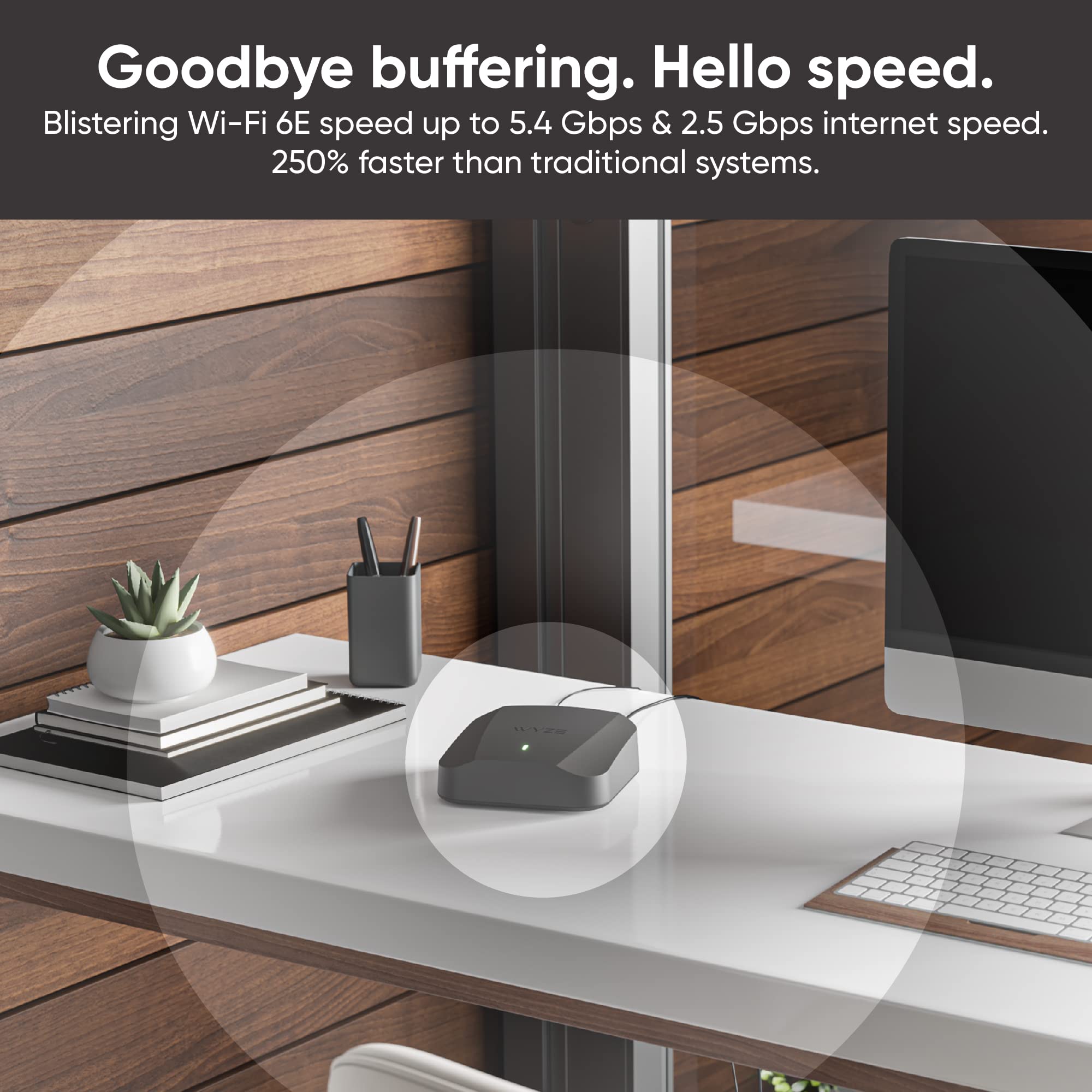 Wyze AXE5400 Tri-Band Wi-Fi 6E Mesh Router Pro, Covers up to 2000 Sq. Ft, Replaces Legacy Routers for Whole Home Coverage, Supports Wired Backhaul, 1x1 Gbps & 2x1 Gbps Ports - 1 Pack