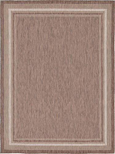 Unique Loom Outdoor Border Collection Area Rug - Soft Border (9' x 12' Rectangle, Brown/ Ivory)