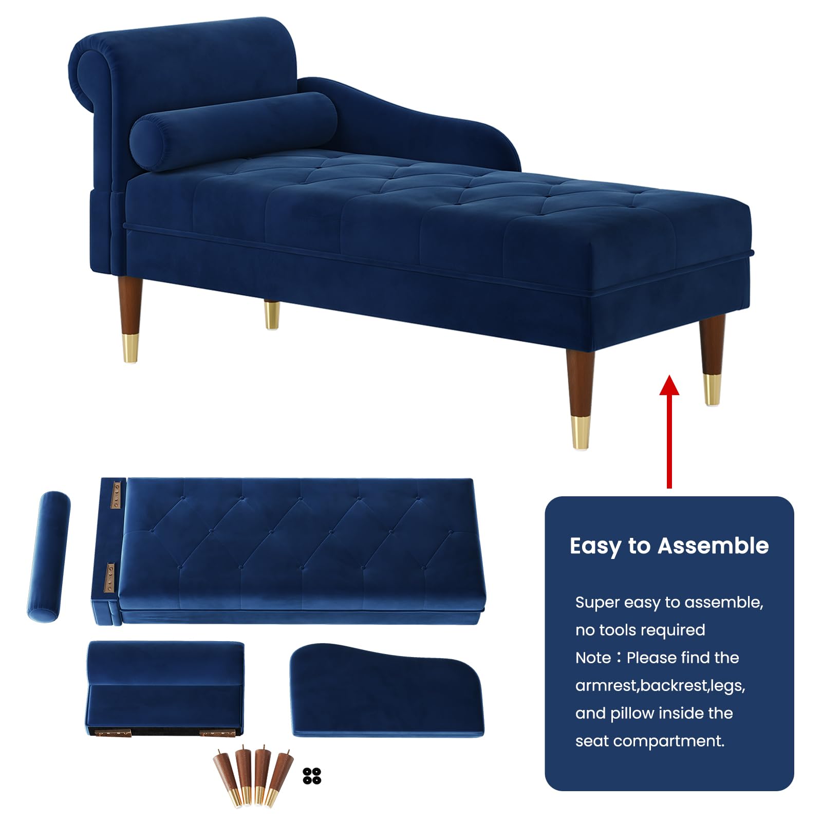 Vesgantti 59" Modern Velvet Chaise Lounge Indoor,Upholstered Lounge Chair with Left Armrest & Lumbar Pillow, Button Tufted Lounge Sofa for Living Room Bedroom Office,Tool-Free Assembly(Blue)
