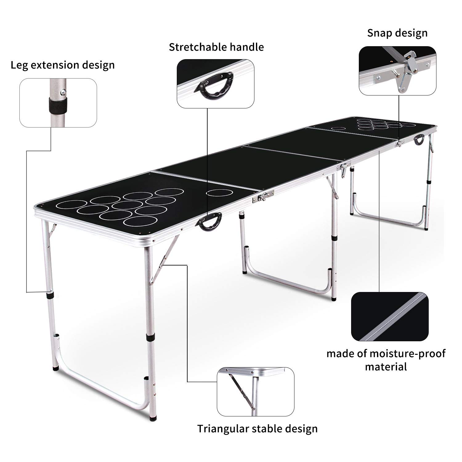 Wodesid 8FT Portable Beer Pong Tables with Carrying Handle Tailgate Desk Lightweight Adjustable Height Aluminum Folding Flip Cup Table for Indoor Outdoor, Picnic Party Camping (8 Feet)