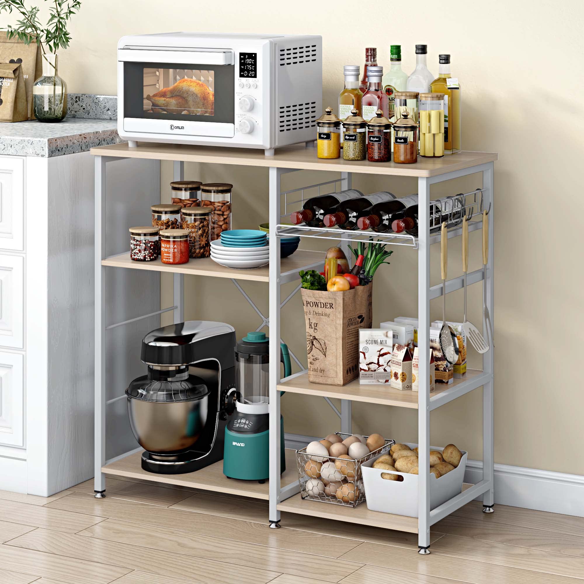 Wellynap Bakers Rack, 3-Tier Microwave Stand for Kitchens with Storage, Utility Storage Shelf with 5 Hooks and Basket for Spice Rack, White Oak