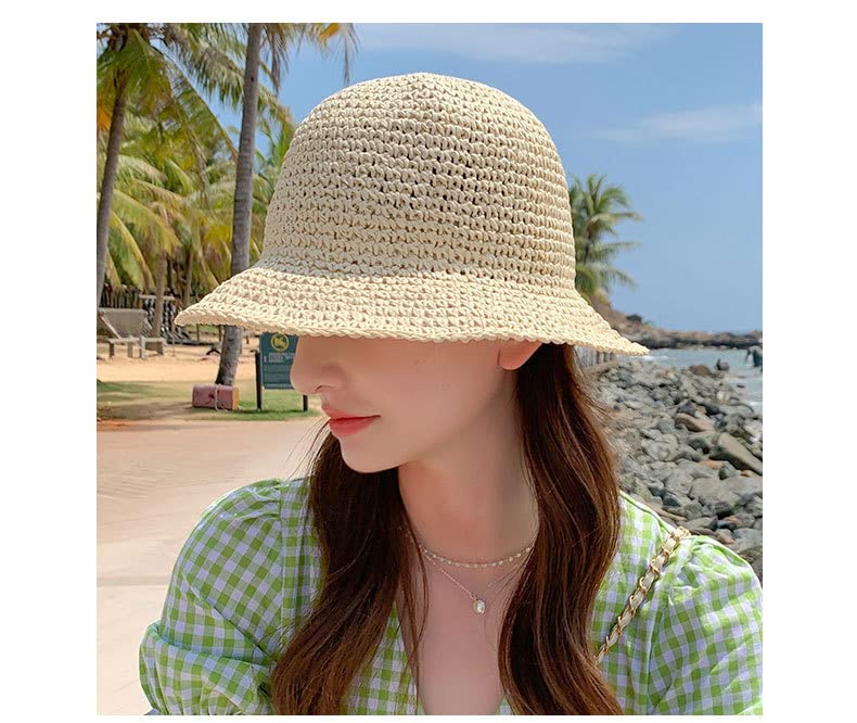 Womens Straw Sun Hat Woven Bucket Hat Fishing Hat Beach Hat Foldable Cap Solid Color Straw Beach Hat Summer