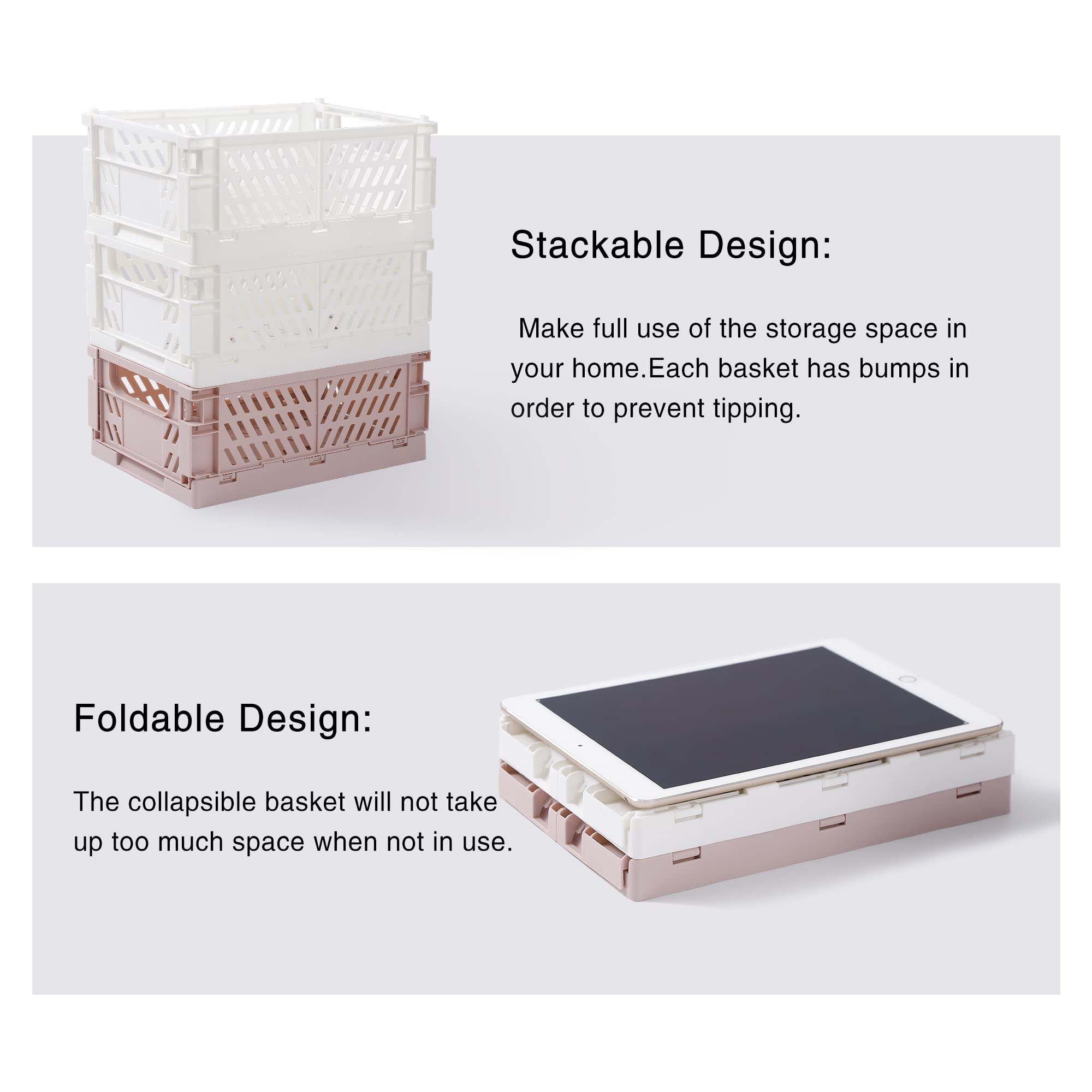 Ykpoqir 6-Pack Plastic Collapsible Storage Crate Desk Organizers Office Organization, Folding Small Baskets for Organizing Bathroom, 9.8" x 6.5" x 3.8",Hollow White