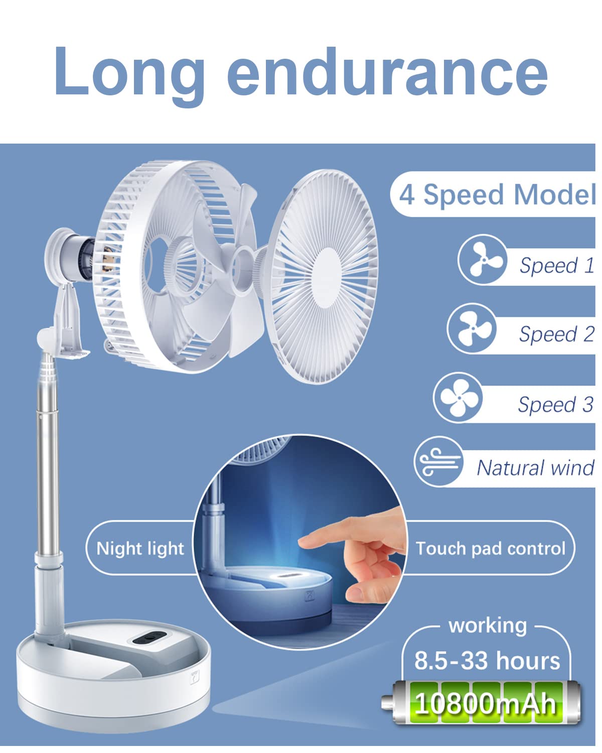 UN UNITEDTIME Foldable Fan Foldaway Oscillating with Remote Control, 10800mAh Rechargeable Battery Operated Portable for Camping, 4 Speed, Timer, Height Adjustment for Travel, Outdoor (White)