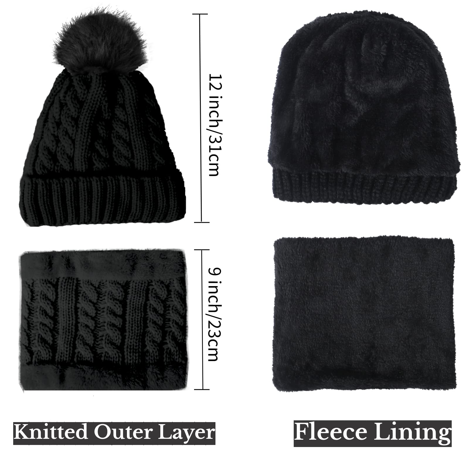 YSense Womens Winter Hat Scarf Glove Set, Warm Fleece Lined Pom Beanie Hat Neck Warmer and Touchscreen Gloves
