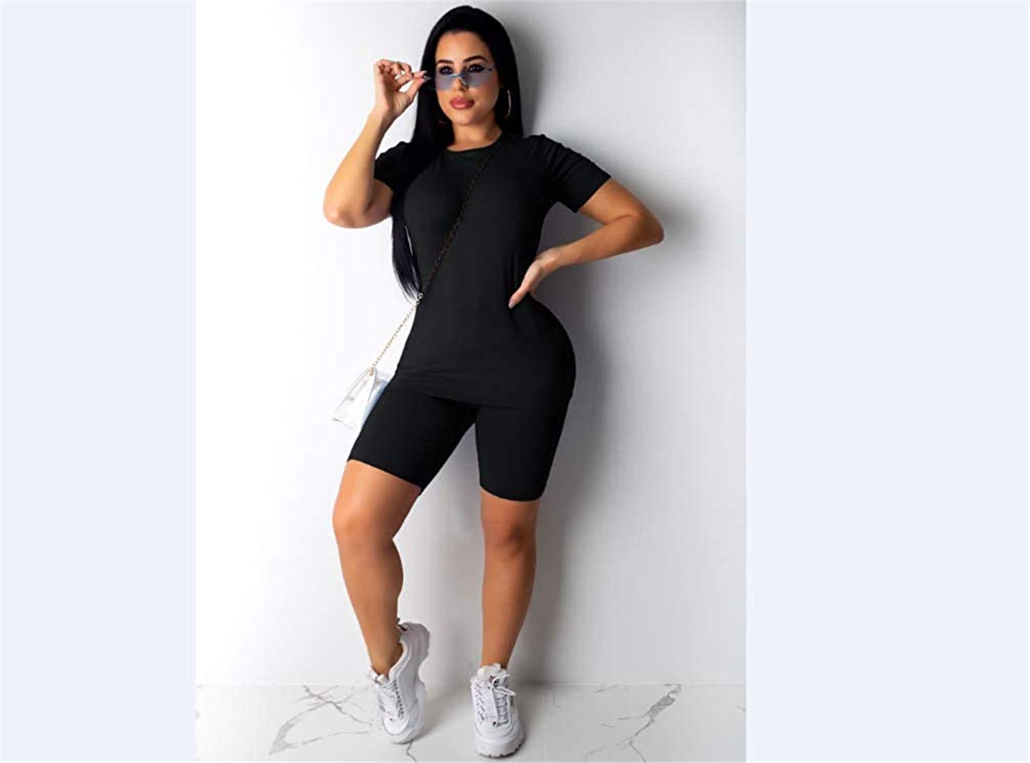 Women 's Casual 2 Piece Outfits Solid Crop Top Short Pants Outfit Sports Yoga Suit Tracksuit Jumpsuits (Black, L)