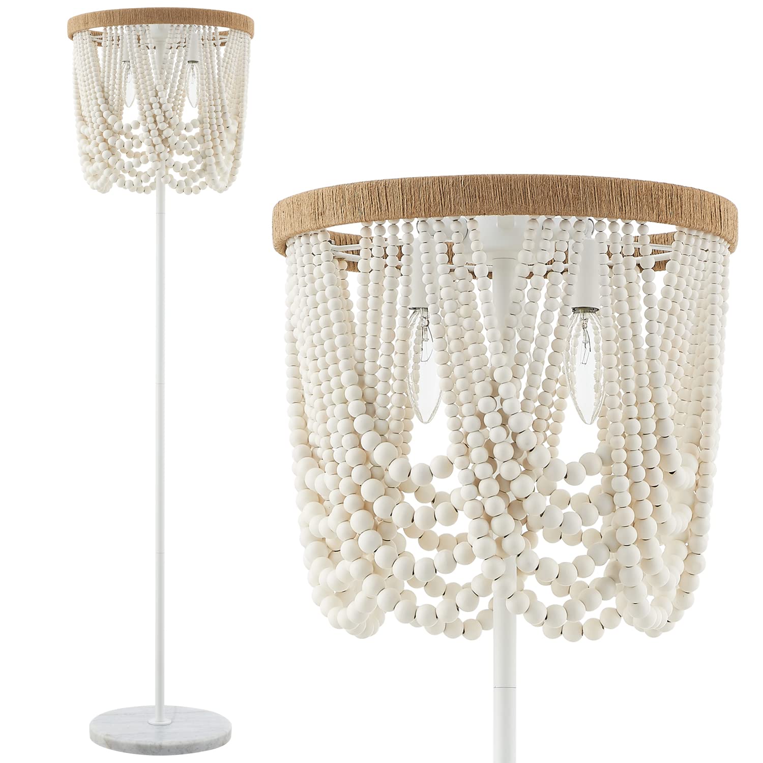 VILUXY Bohemia Wood Beaded Boho Floor Lamp Antique Rustic White Finishing for Bedroom, Nursery Room, Dining RoomďźGirl Room 3-Light