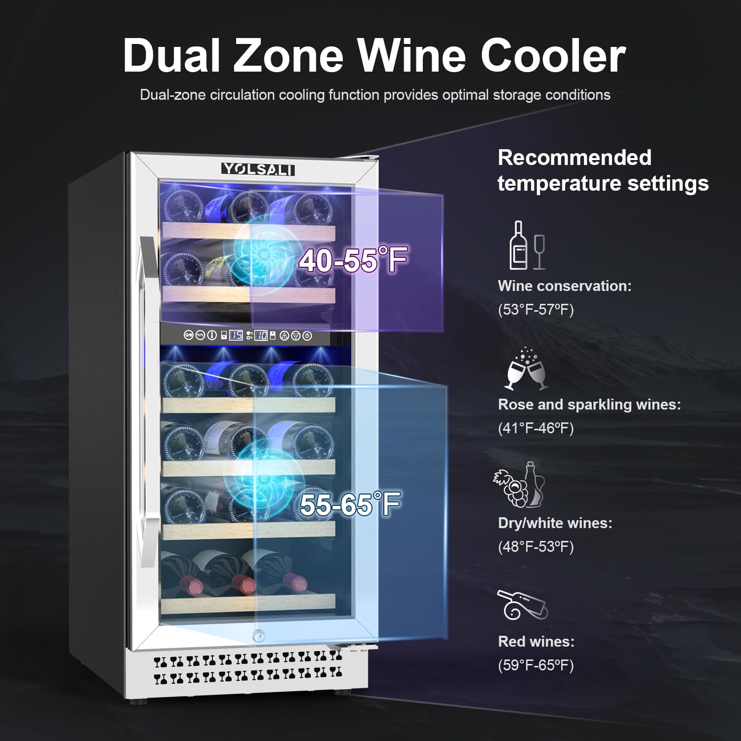 Yolsali 24 Inch Wine Cooler, Beverage Refrigerator, Dual Zone Wine Cooler Refrigerator with 2 Safety Locks, Adjustable Legs, Soft LED Light, Hold 20 Bottles and 57 Cans, Built-In or Freestanding