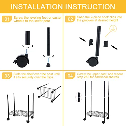 Simple Deluxe Heavy Duty 6-Shelf Shelving with Wheels, Wire Shelving with Hanging Hooks, Adjustable Storage Units, 29.92'' D x 13.98'' W x 71.65' H, 6 Tier, Black