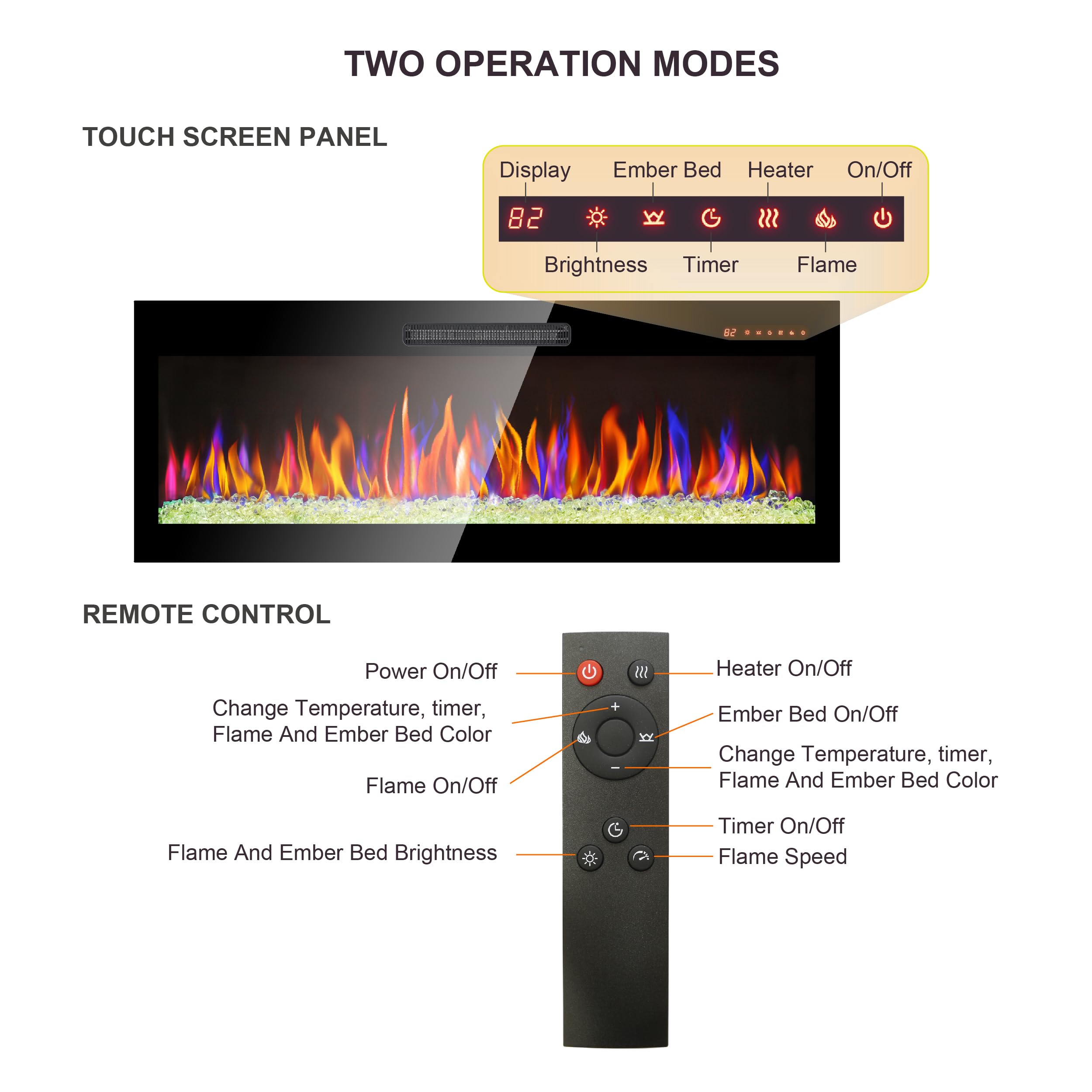 Wall Mount Floating Fireplace Electric Inserts with Remote Control, 16 Flame& Ember Color, Timer, Adjustable Brightness, 60 Inch Fire Place for the Living Room Bedroom, Double Safety Protection, 1400W