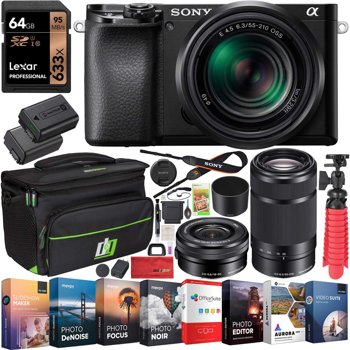 Sony a6100 Mirrorless Camera 4K APS-C ILCE-6100YB with 2 Lens Kit 16-50mm + 55-210mm Bundle with 2X Battery + Deco Gear Travel Bag Case + 64GB Memory Card + Photo Video Software + Accessories