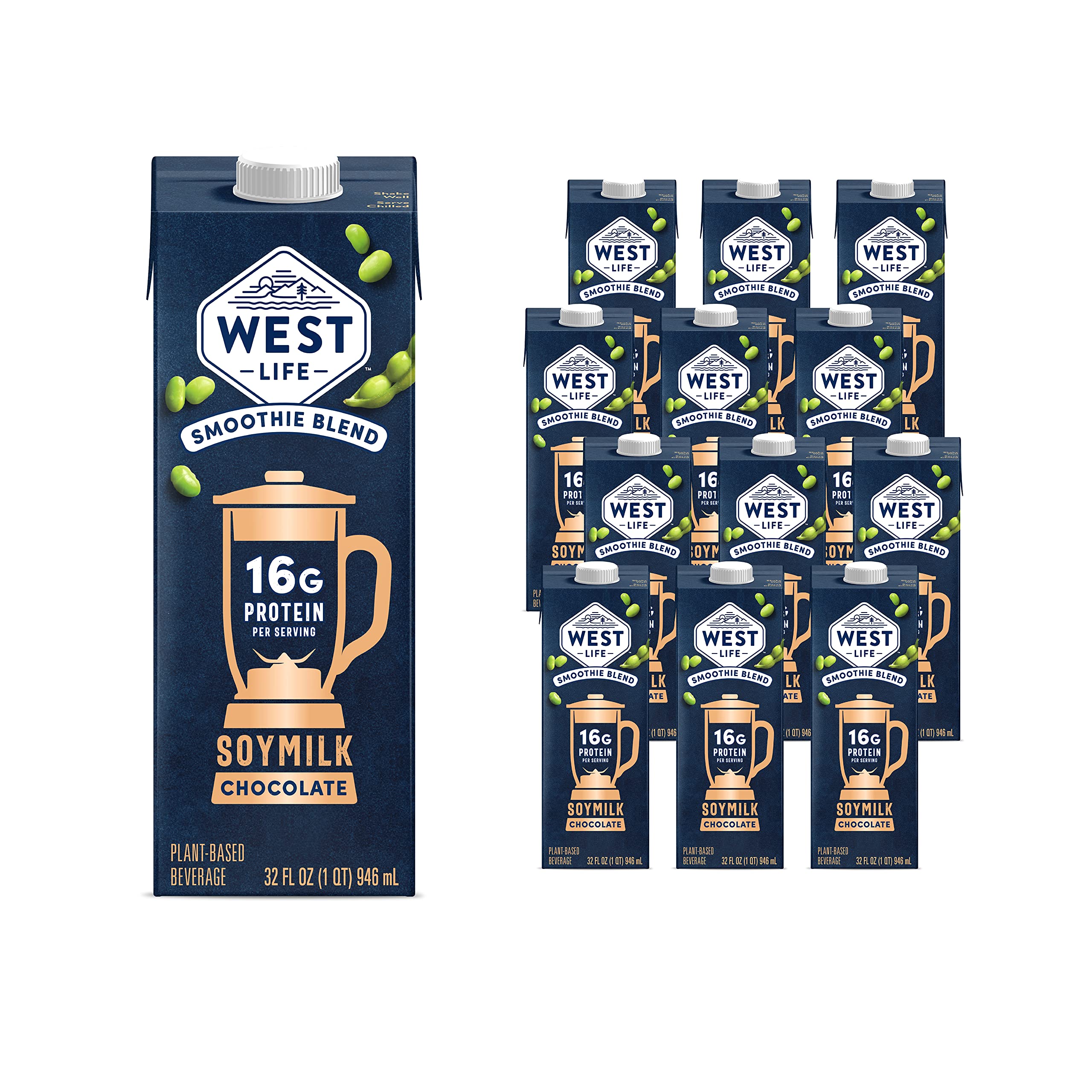 West Life Smoothie Blend Soy Milk, Chocolate, 16g of Protein, Vegan Dairy Alternative, Lactose-Free, 32oz (Pack of 12)