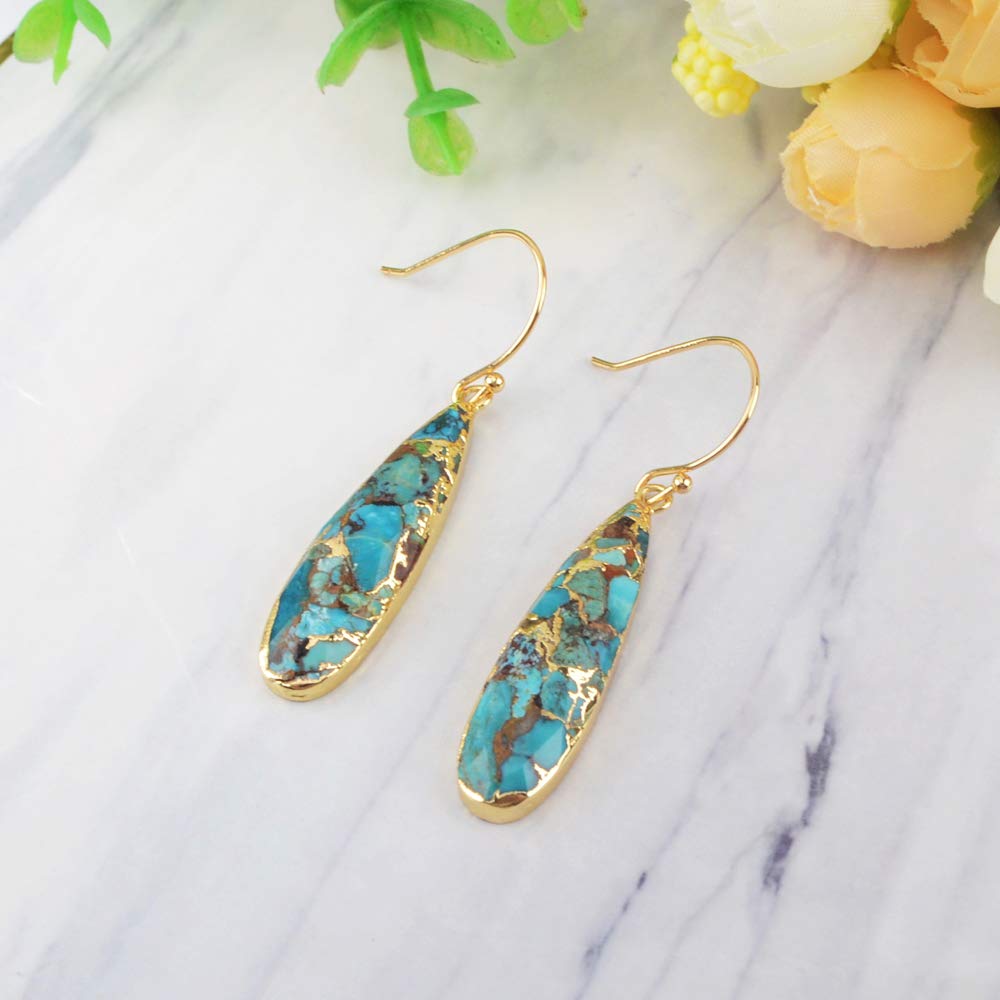ZENGORI 1 Pair Long Teardrop Natural Turquoise with Line Fish Hook Drop Dangle Earrings G1547-E