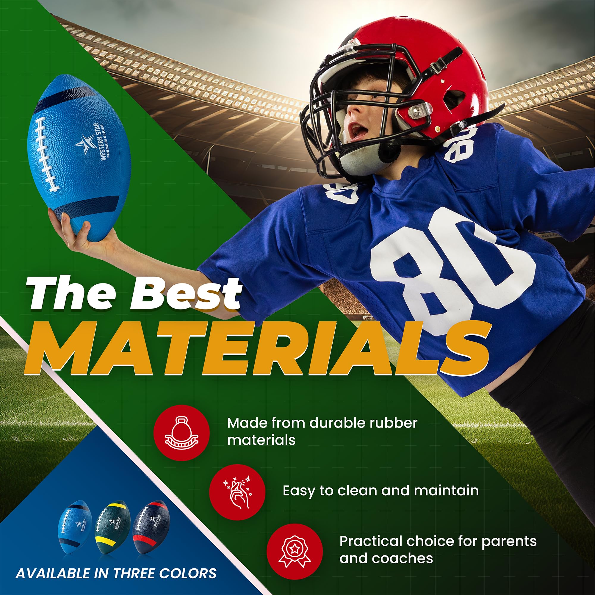 Western Star Durable Football - Official Size and Weight- 5 Popular Colors - Match Ball - Great Grip and Size 9 (3 Pack)