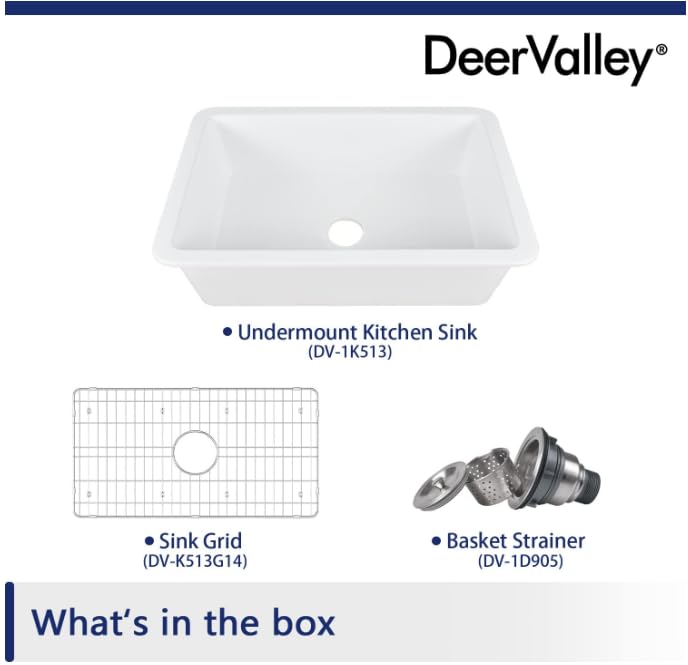 Undermount Kitchen Sink, DeerValley DV-1K513 Glen 30" L x 20" W White Single Bowl Kitchen Sink Fireclay Undermount Sink with Sink Grid and Basket Strainer