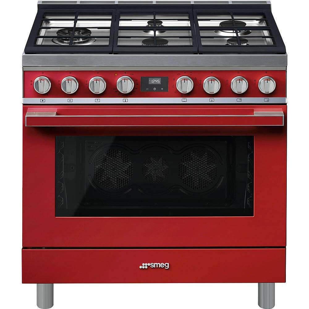 Smeg Portofino CPF36UGMR 36''x 25'', 4.5 cu. ft. Oven Freestanding Pro-Style Dual Fuel Range, Red