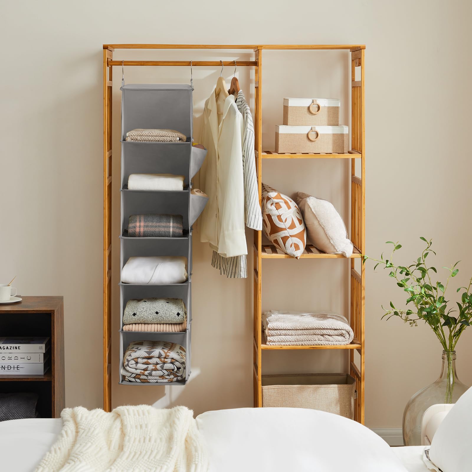 YOUDENOVA Hanging Closet Organizer, 6-Shelf Closet Hanging Storage Shelves, 2 Packs, Light Grey