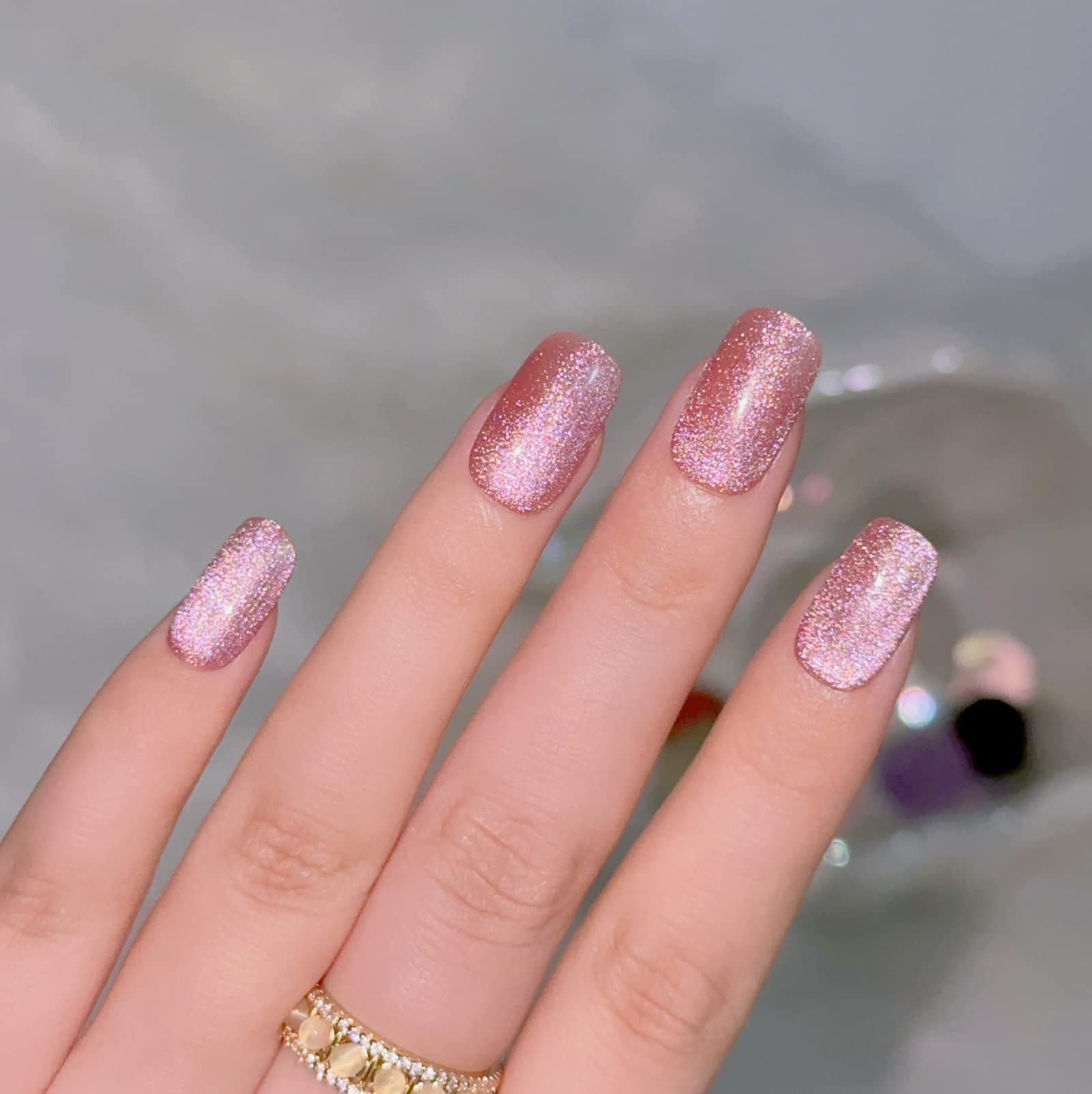 YepDear Fake Nails Medium Square Press On Nails with Glue, Pink Glitter Cat Eye Gel Polished Reusable False Nails