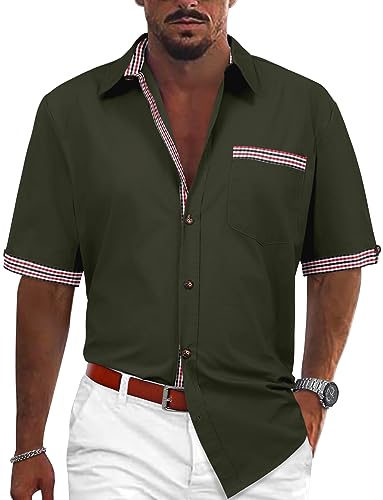 TUREFACE Casual Plaid Shirts for Men Plus Size Dress Shirt Short Sleeve Button Down Regular Fit Spread Collar Cotton Shirts(Olive Green,3XL)