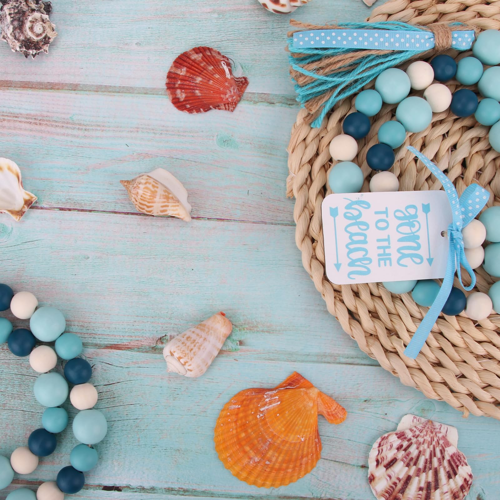 Wood Bead Garland with Tassels, 2 Pcs 3.5 Ft Handmade Natural Wood Farmhouse Coffee Table Decor Tiered Tray Decor Rustic Chic Wall Hanging, GO to The BEACH