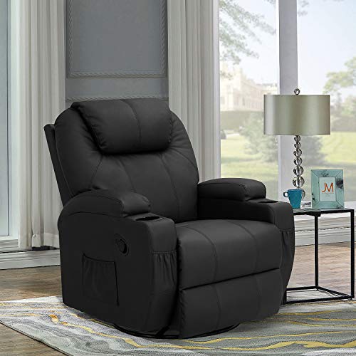 YESHOMY 360°Swivel Rocker Recliner with Massage and Heating Functions, PU Leather Sofa Chair with Remote Control and Two Cup Holders, Suitable for Living Room, Black