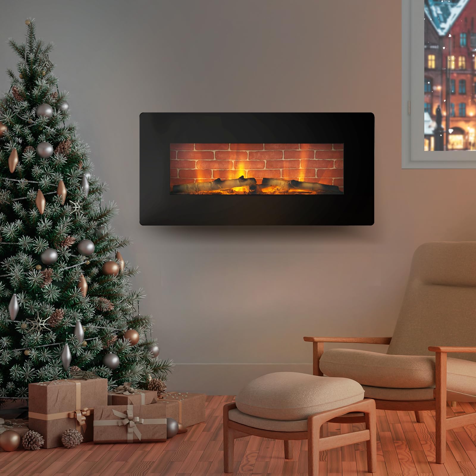 YUSING 36 inch Freestanding Electric Fireplace, Wall Mounted and Freestanding Fireplace Heater, 7 Flame Colors, Adjustable Temperature and Timer, 1500W Control by Touch Panel & Remote