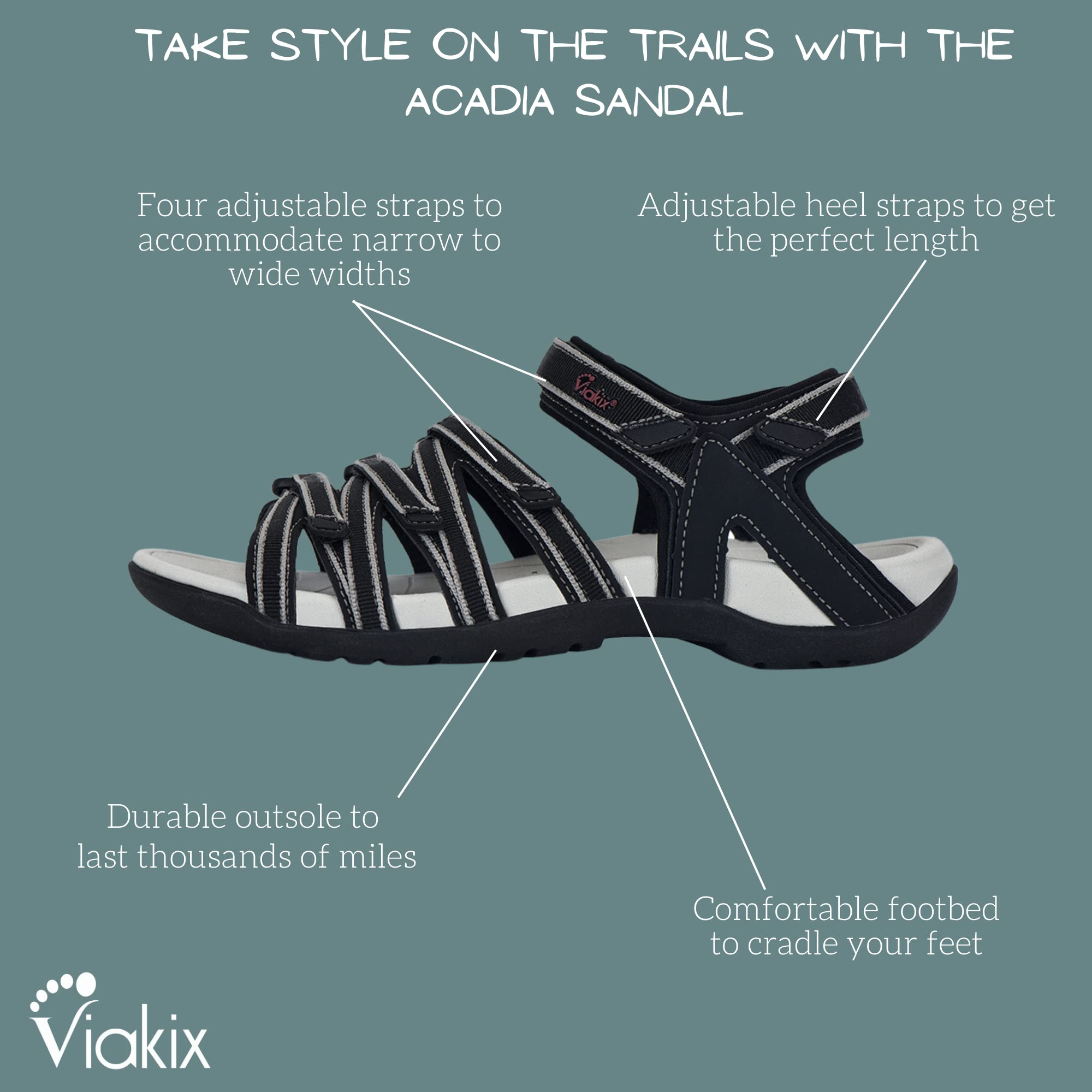 Viakix Womens Sport Sandal β Comfortable Athletic Stylish Hiking Shoes, with Arch Support, Outdoors, Walking, Water, River, Trekking, Black 9