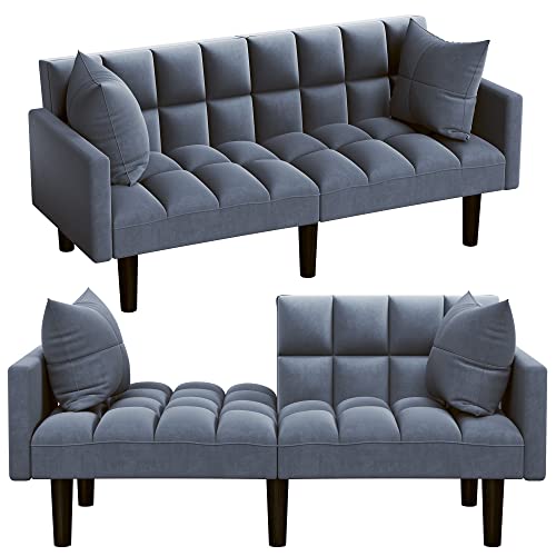 YESHOMY Futon Sofa Bed Upholstered Modern Convertible Couch with Cylindrical Pillow, Suitable for Bedroom, Apartment, Dormitory Retro Style, Navy Blue