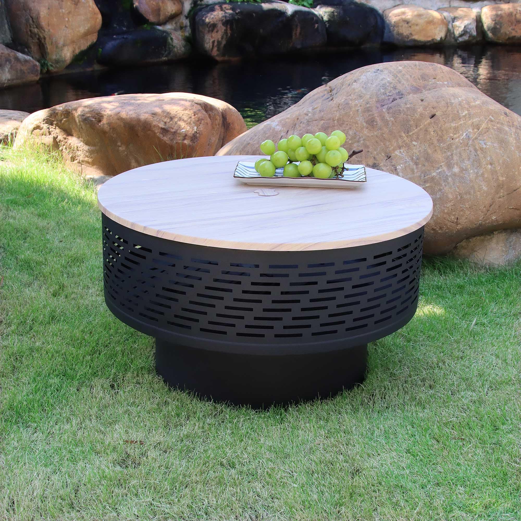 Wood Burning Fire Pit with Grill, Outdoor Firepit Table w/Removable Ash Pan & Waterproof Cover, Poker, Log Rack, 360° Flame Effect, for Outside Patio Deck Backyard Camping Bonfire, 26", Black