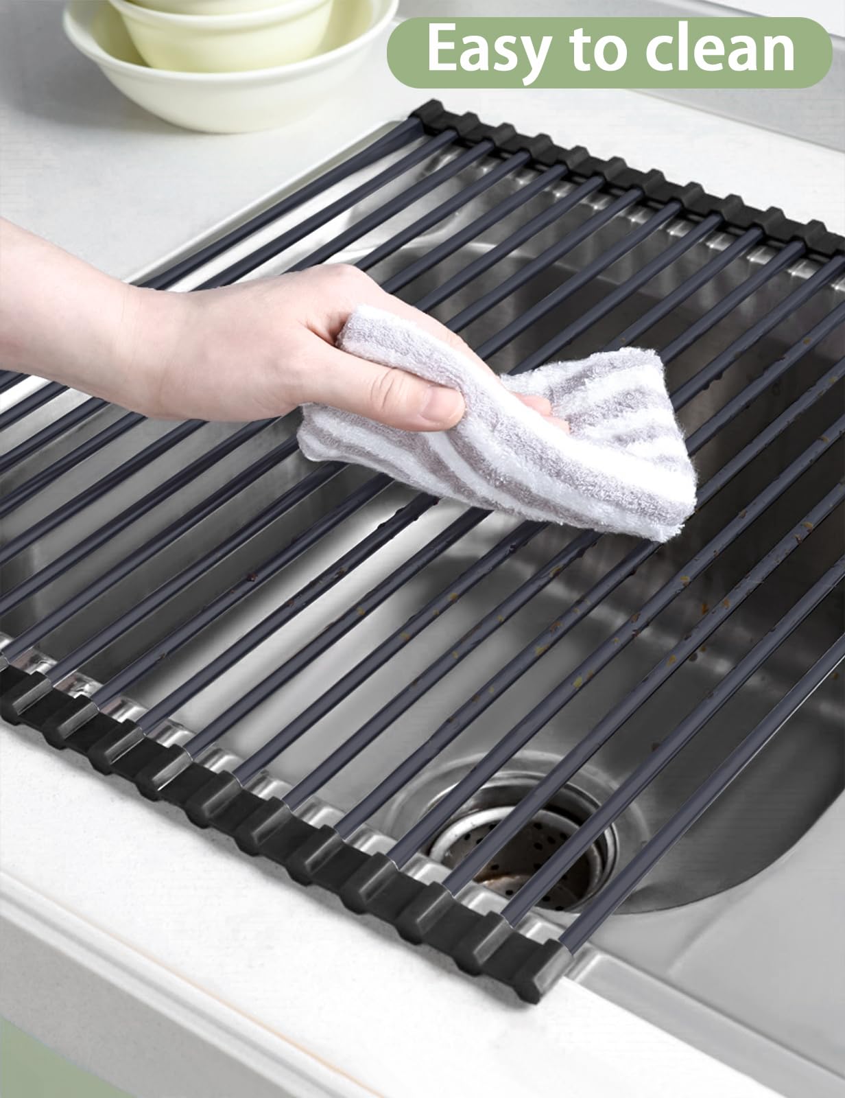 VICEAXY Roll-Up Dish Drying Rack 17” x 13”, Stainless Steel with Silicone Wrapped Drainer Rack, Foldable Sink Rack Mat for Kitchen Dishes, Cups, Fruits, Vegetables (M, Black)