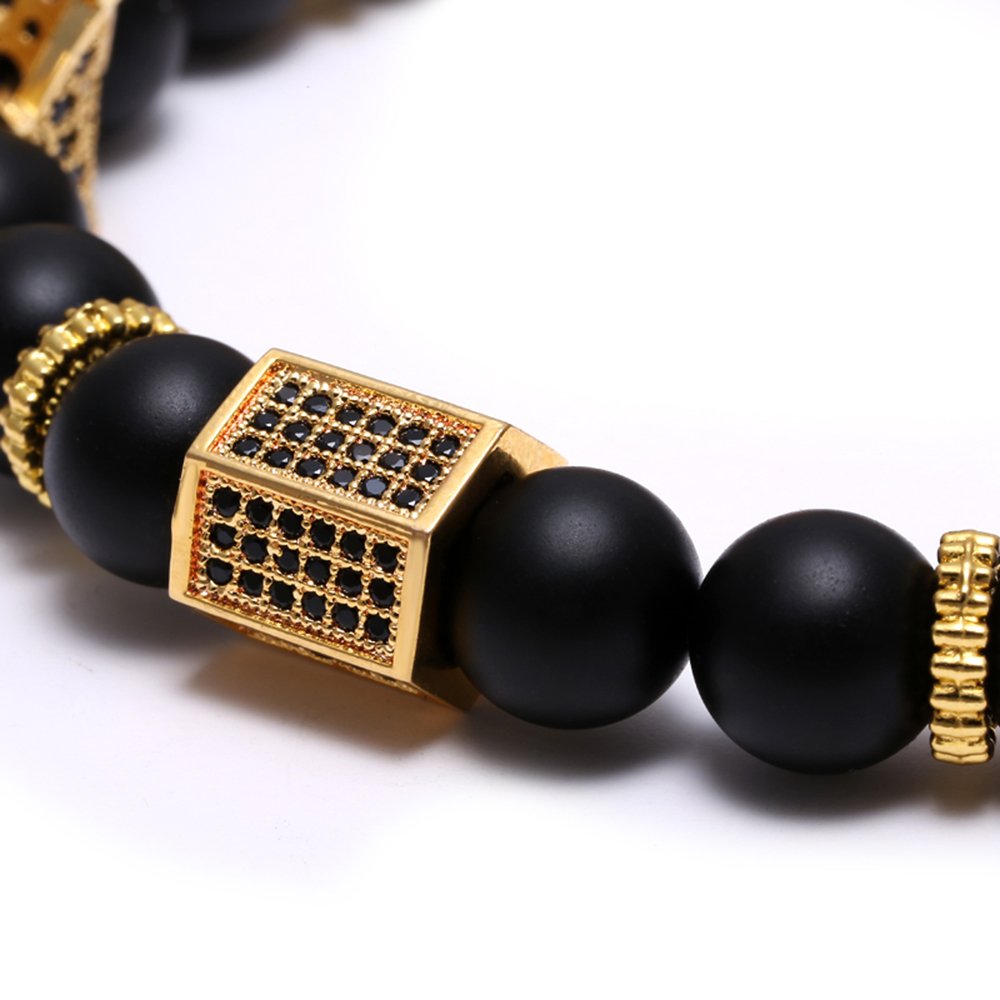SEVENSTONE 8mm Crown King Charm Bracelet for Men Women Black Matte Onyx Stone Beads, 7.5"