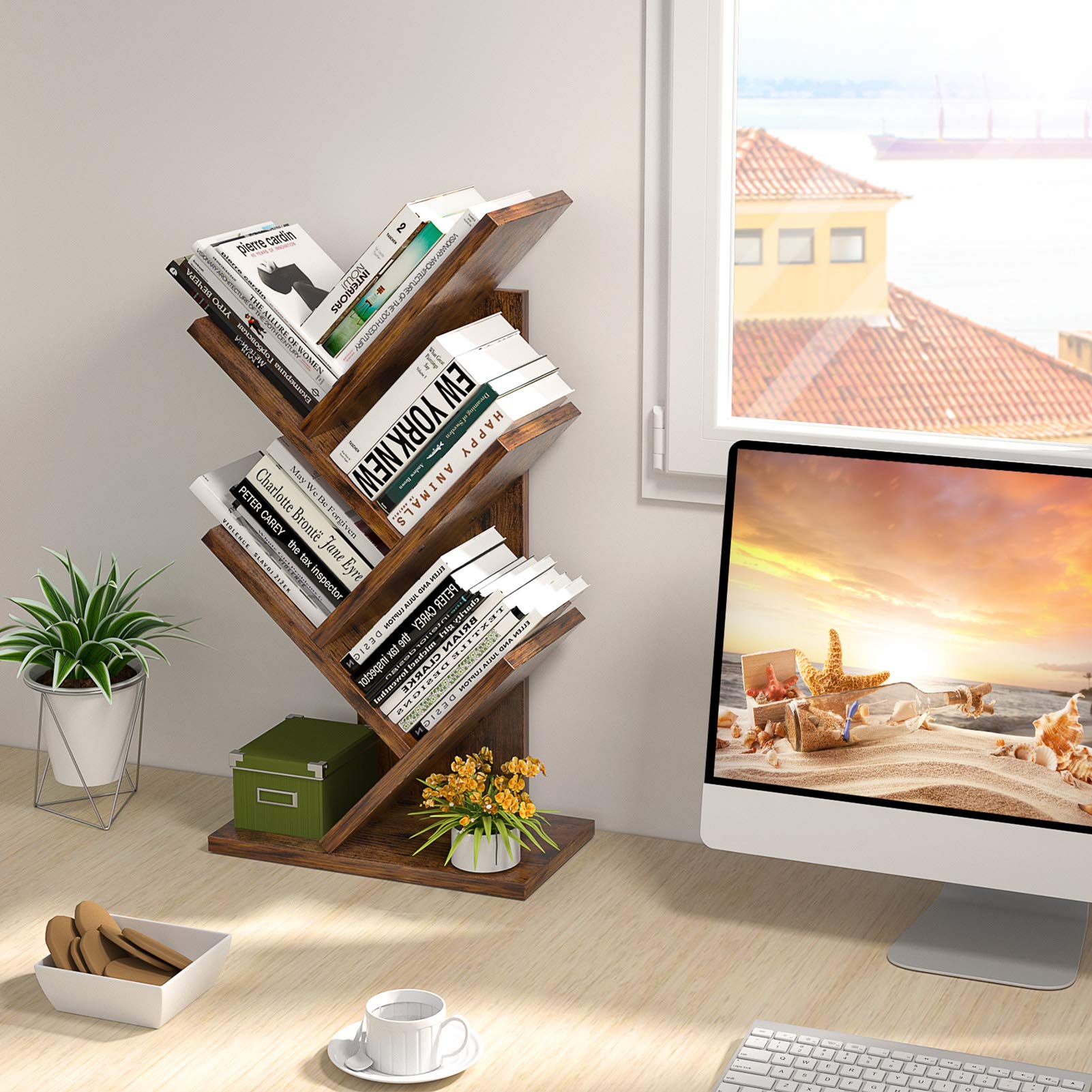 Topfurny Tree Bookshelf, 4-Tier Book Storage Organizer Shelves Floor Standing Bookcase, Wood Storage Rack for Office Home School Shelf Display for Cd/Magazine/Book - Rustic Brown