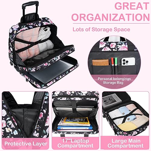 YOREPEK Rolling Laptop Bag for Women, 17 inch Large Premium Briefcase with Spinner Wheels, Waterproof Overnight Roller Carry on Computer Case for Travel, Work, Business, Teacher (Floral)
