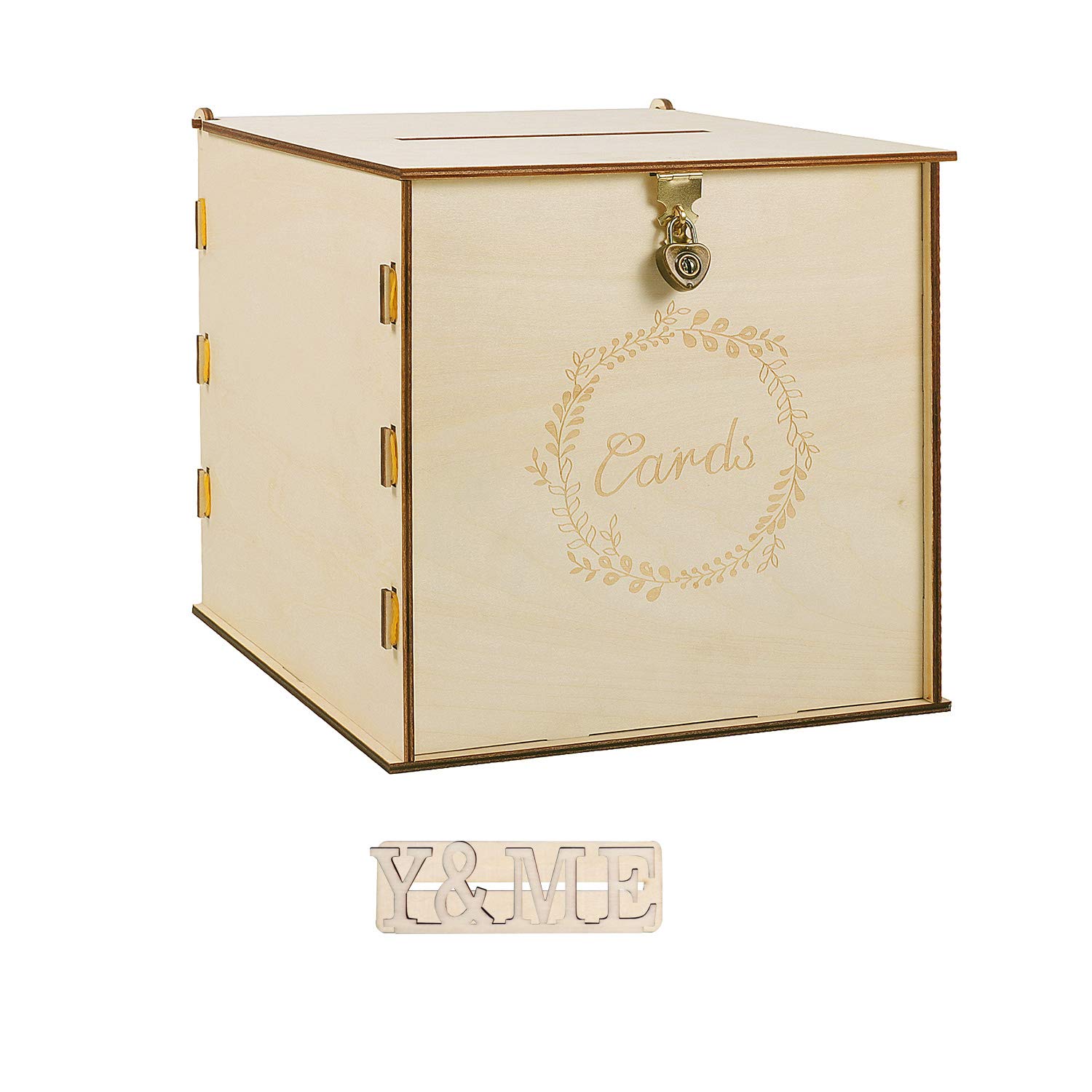 Wooden Wedding Card Box with Security Heart Lock,Rustic Wedding Envelope Box, Decorative Gift Card Box , Perfect for Weddings, Baby Showers, Birthdays, Graduations, 10.2" x 10.2" x 10.2" (Original)