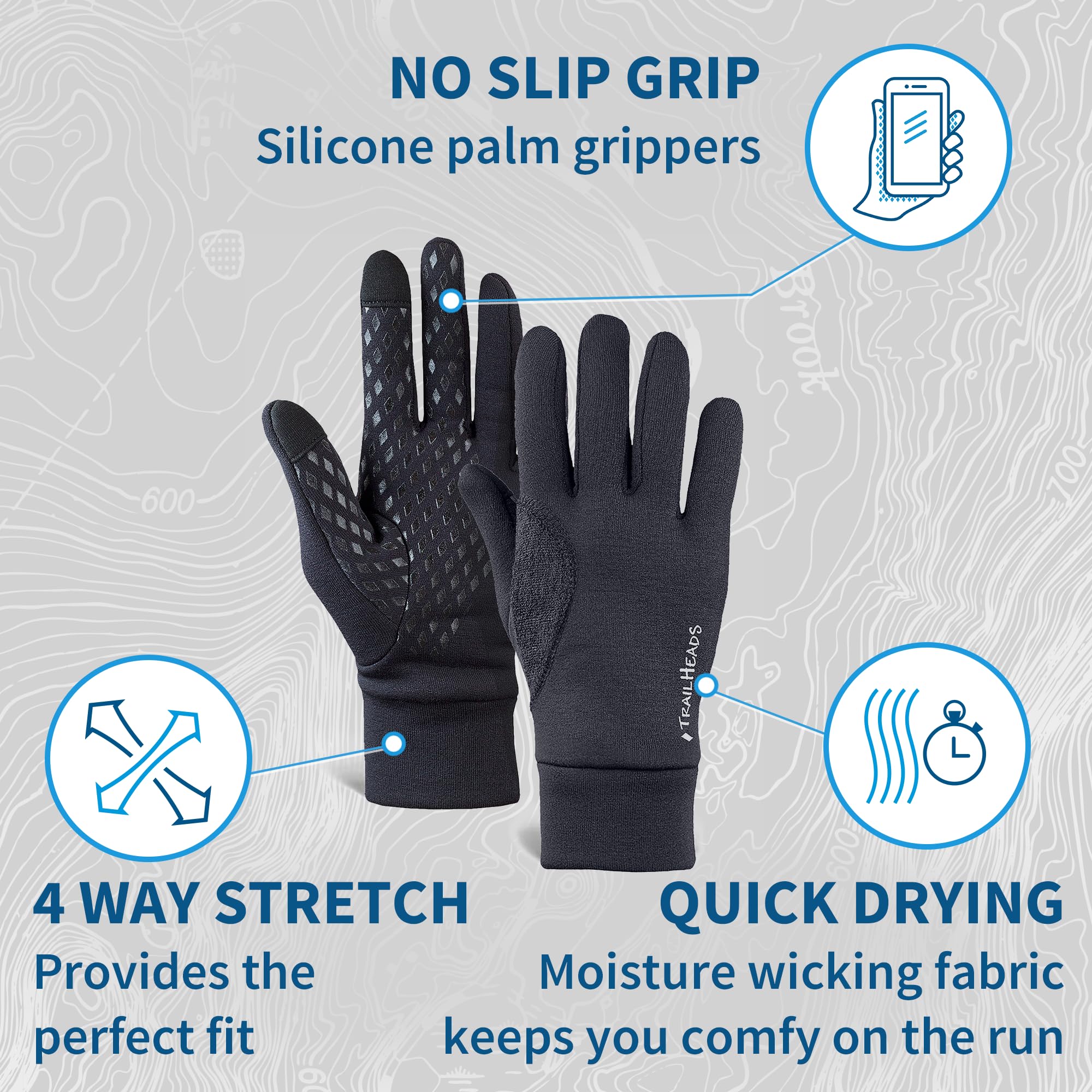TrailHeads Men’s Running Gloves - Black Touchscreen Gloves - Lightweight Gloves - medium