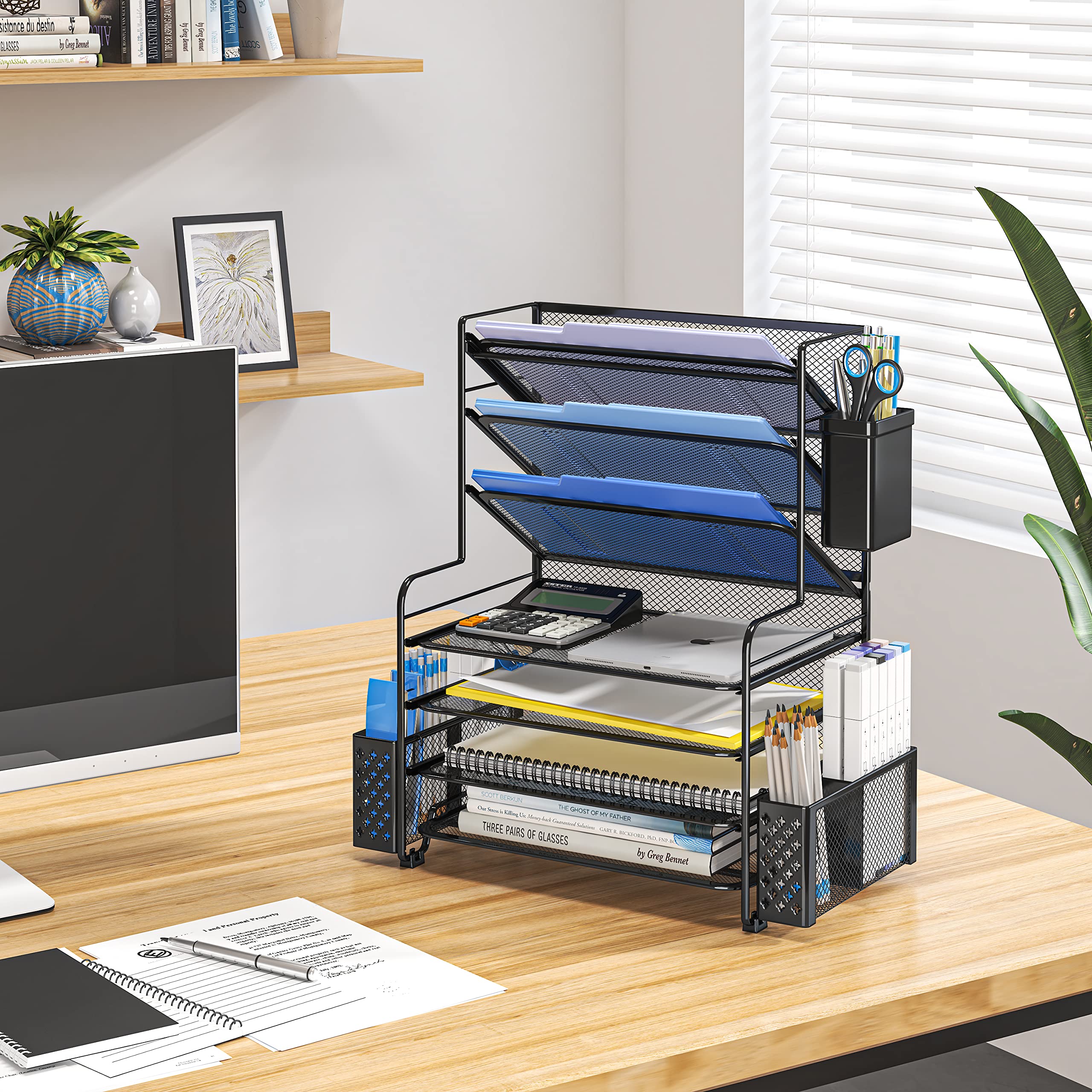 Simple Trending 7 Tier Desk File Organizer, Letter Tray Paper Organizer with Pen Holder and Metal Hanging Basket, Black