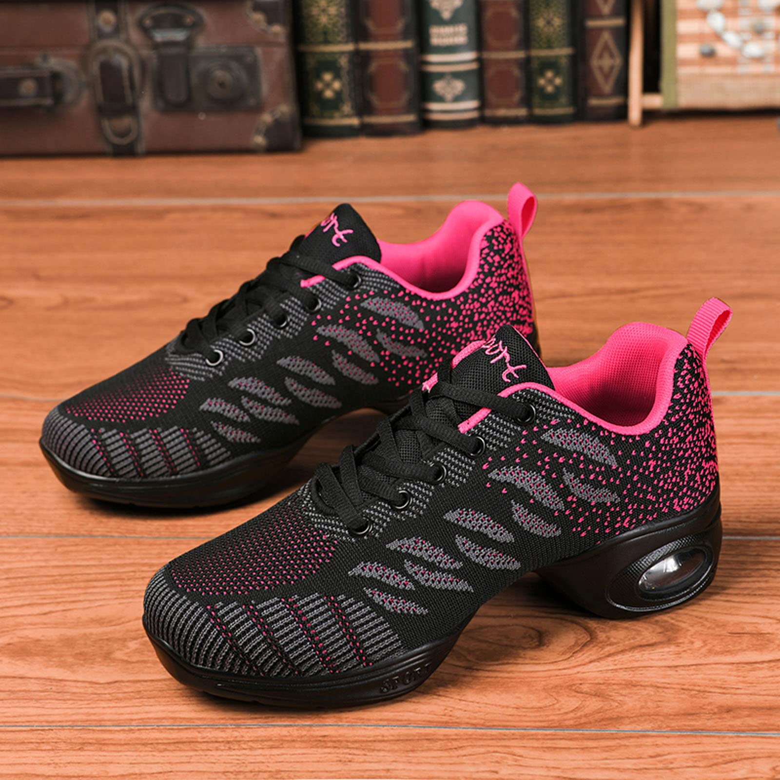 Women's Jazz Shoes Lace-up Dance Sneakers Lady Split Sole Platform Dance Shoes Walking Gym Yoga Grey/Rose 39
