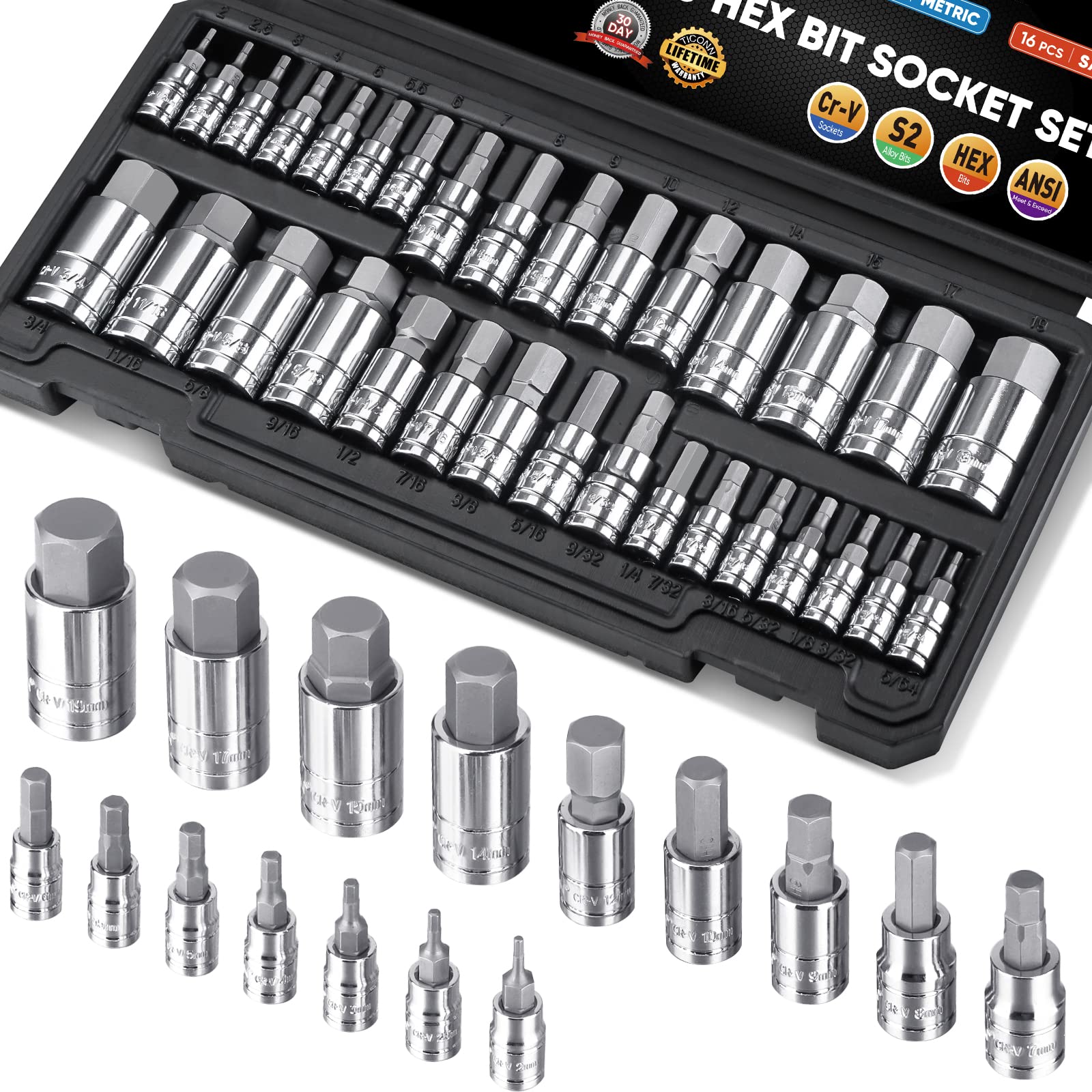 TICONN 32PCS HEX Bit Socket Set, SAE and Metric Hex Bit Set with Storage Case, S2 Alloy Steel Bits with Cr-V Steel Socket, Ideal for Automotive, Mechanics, Home Repair (Metric & SAE)