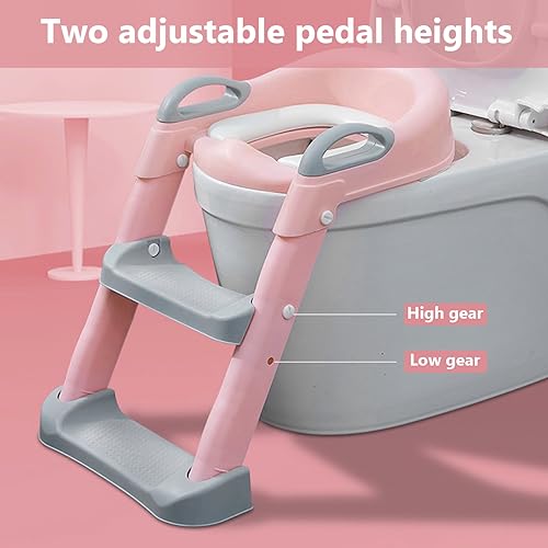 Toddler Toilet Seat and Step Kids Folding Potty Training Toilet Seat with Handle and Ladder Adjustable Toilet Ladder Seat Rose