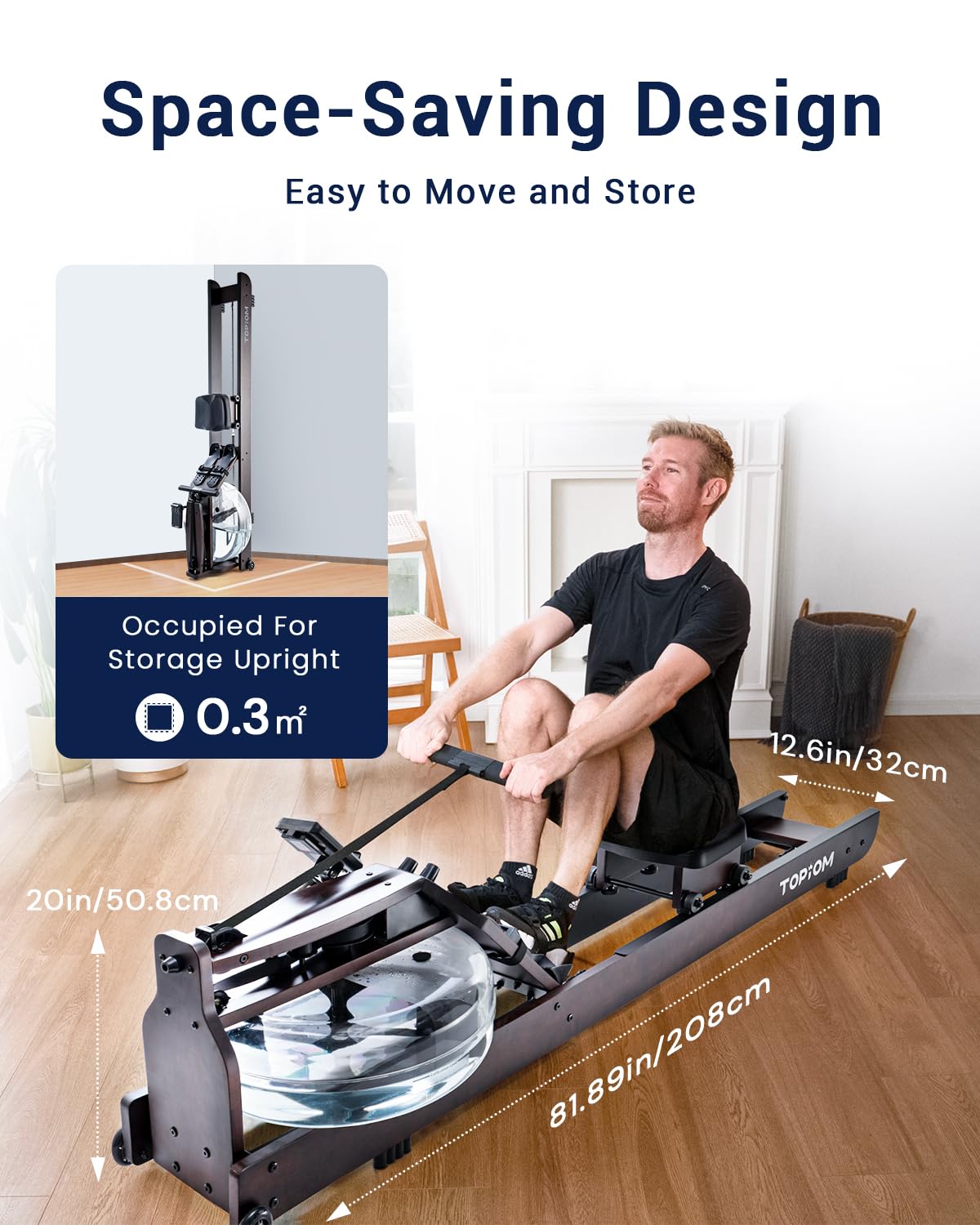 TOPIOM Water Rower Rowing Machine with TM-3 Performance Monitor, Walnut Veneer Over Oak Wood with 400 lbs Max Capacity