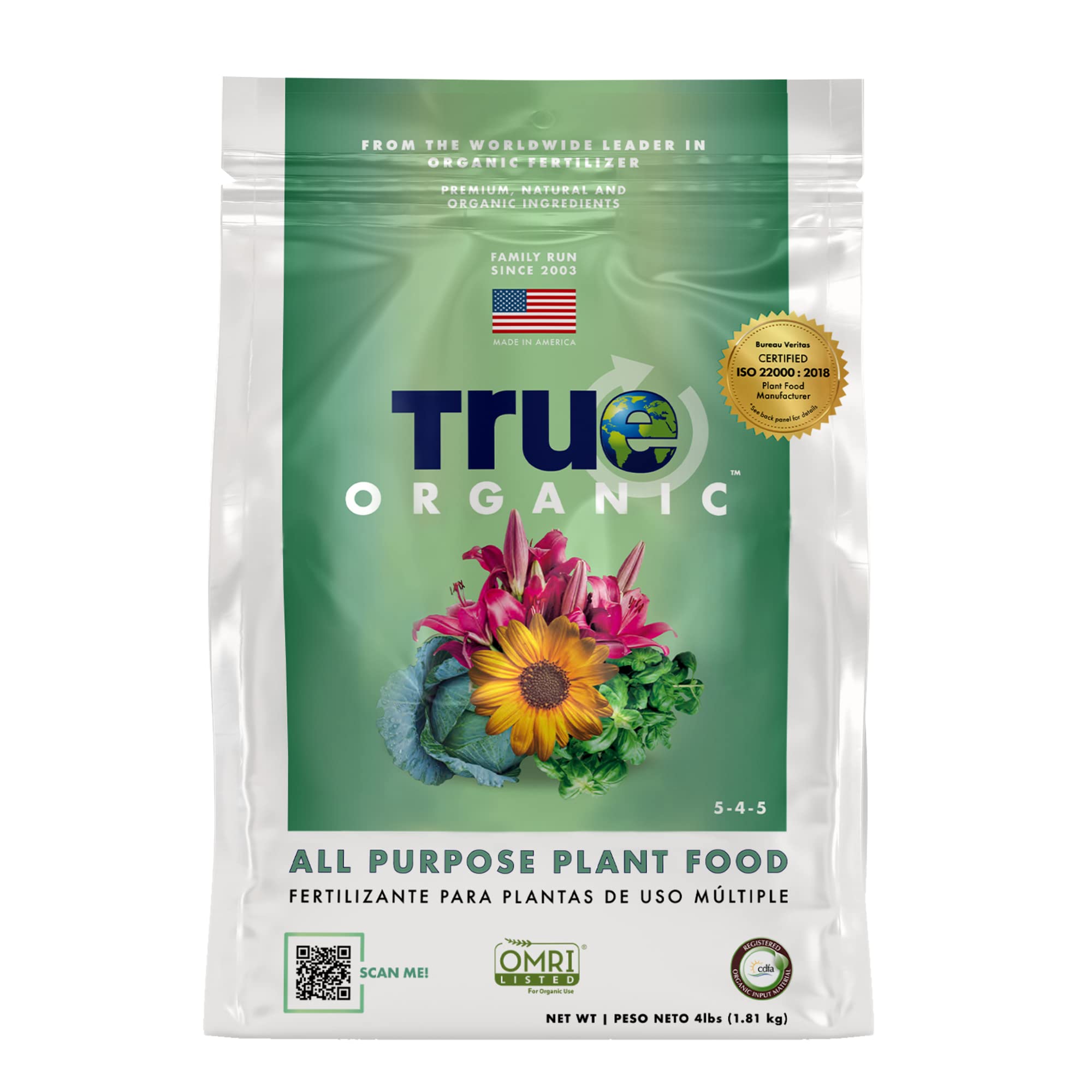 True Organic All Purpose Plant Food Granular Fertilizer 4 lbs - CDFA, OMRI Listed for Organic Gardening NPK 5-4-5