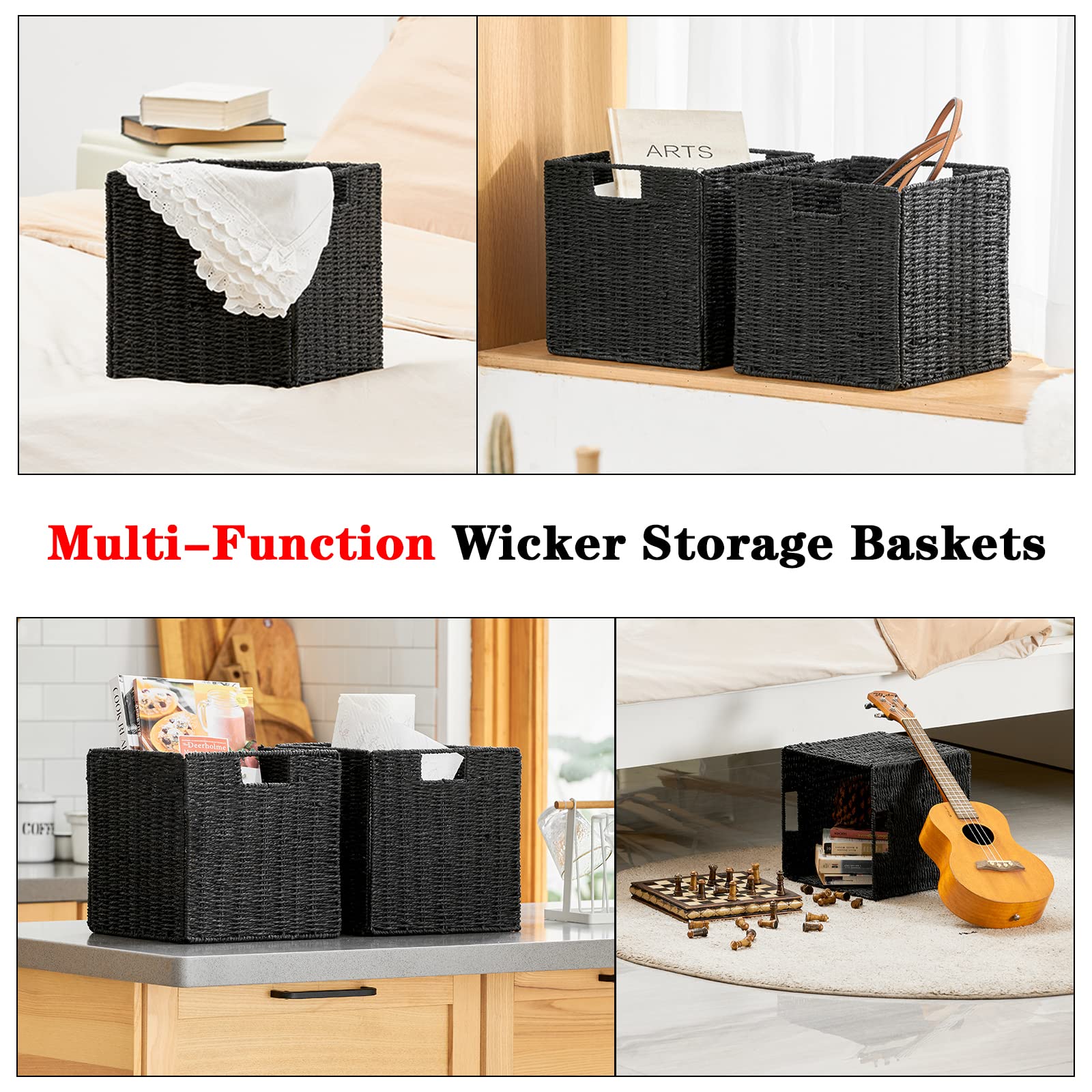 Vagusicc Storage Basket, Set of 2 Foldable Cube Hand-Woven Paper Rope Wicker Baskets 11 inches + Set of 3 Woven Paper Rope Wicker Handles Baskets for Storage with Liners