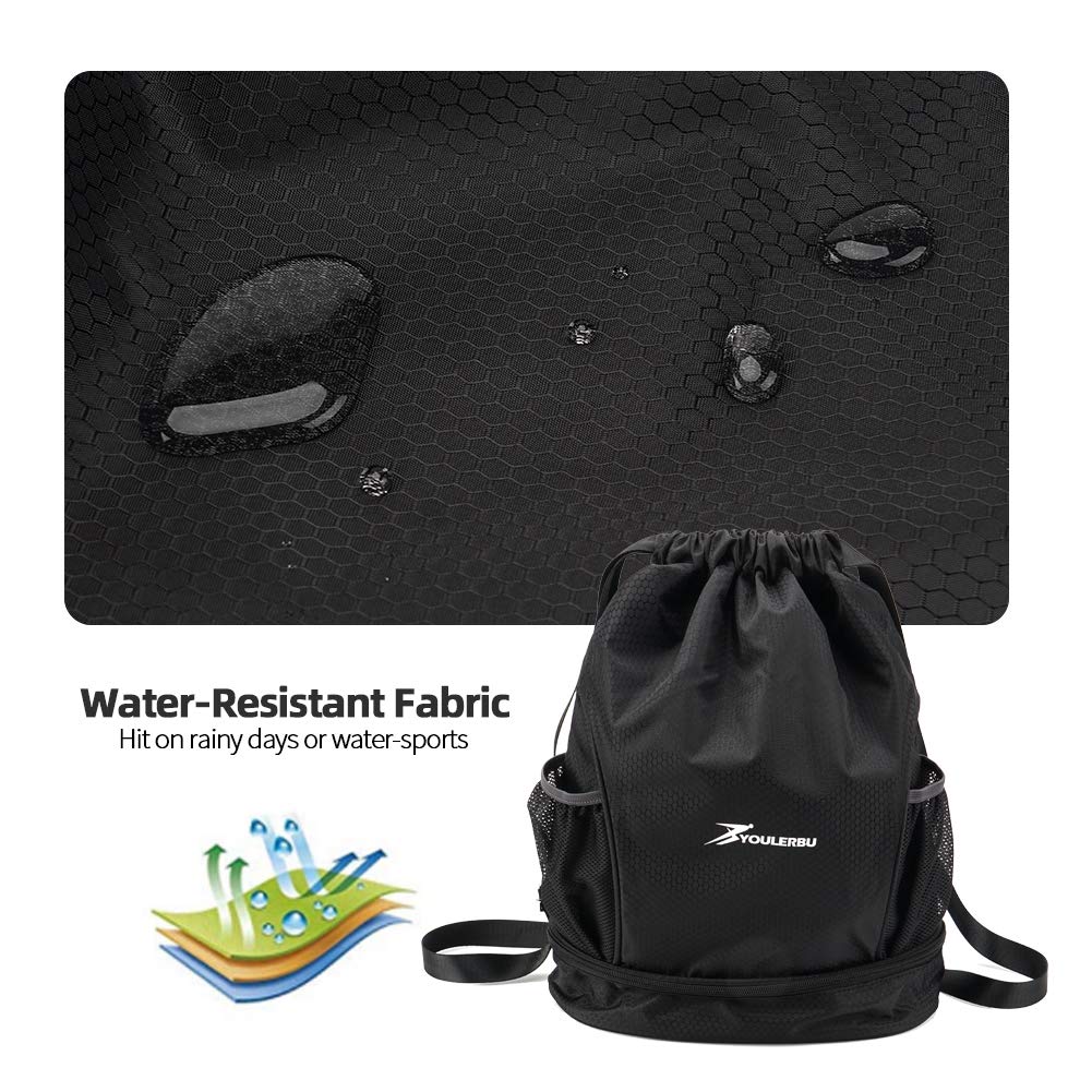 YOULERBU Dry Wet Drawstring Backpack Bag with Shoe Compartment Sackpack Heavy Duty String Bag Sports Gymsack Swim Beach Bag Black
