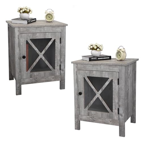 Tidyard Set of 2 Industrial Nightstand Side Table End Table with X Design Glass Door Light Gray Wood Sofa End Side Table, Bedside Nightstand for Living Room Bedroom Kitchen Bathroom