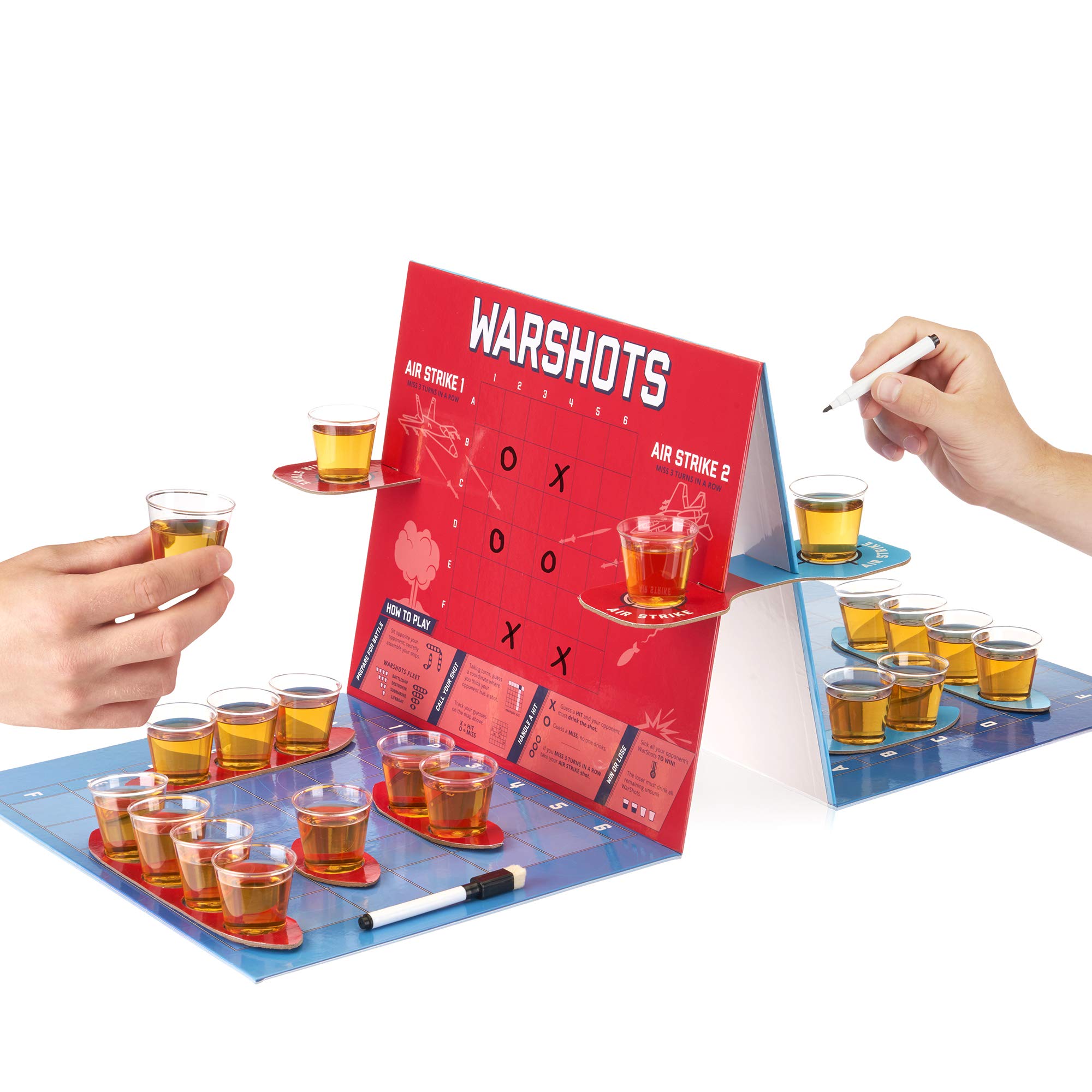 True War Shots Battle Shipwreck Drinking Board Game for Adults, Shot Glasses for Any Liquor or Beer, 2 Player Red and Blue, Paper, Plastic, Set of 1