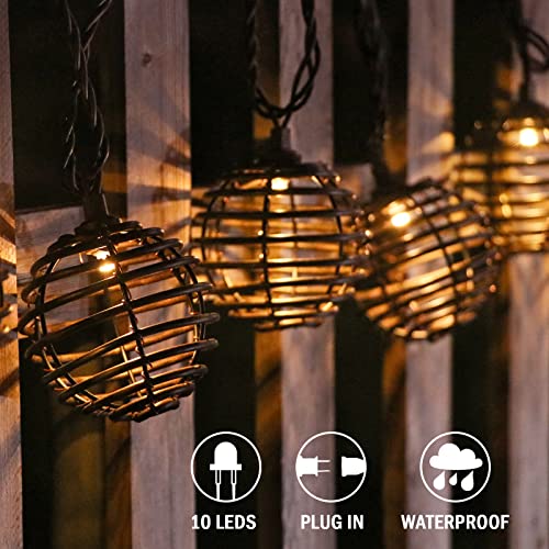 Vigdur Decorative - Rattan Ball String Lights with 10 Led Bulbs Plug in Rattan Lantern String Lights for Patio Garden Backyard Party Decor,9.84FT