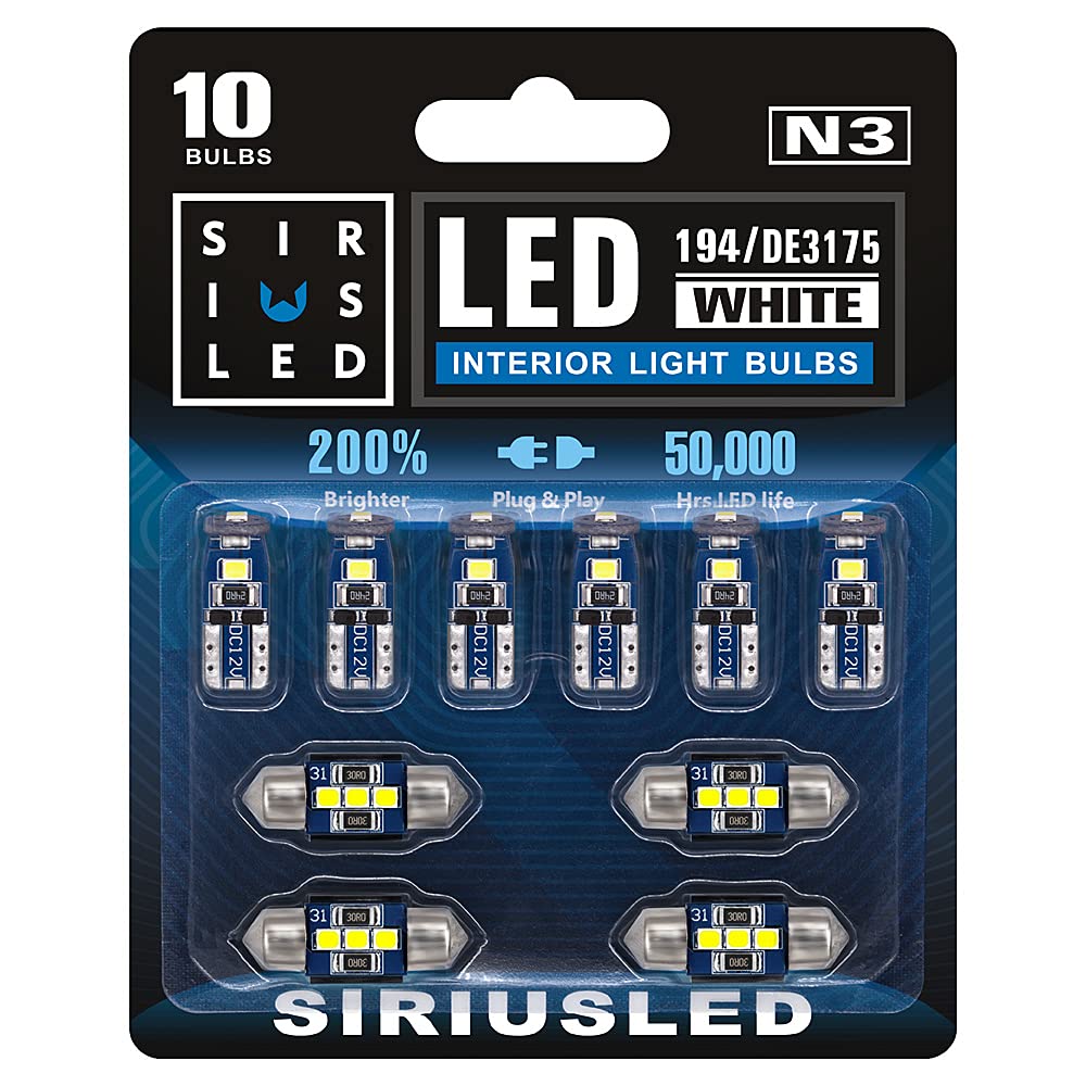 SIR IUS LED N3 DE3175 31MM 194 168 2825 Combo LED bulbs white Super Bright 300 Lumens 3030 Chipset for Japanese Car Truck Interiors Dome Map Door Courtesy License Plate Lights pack of 10