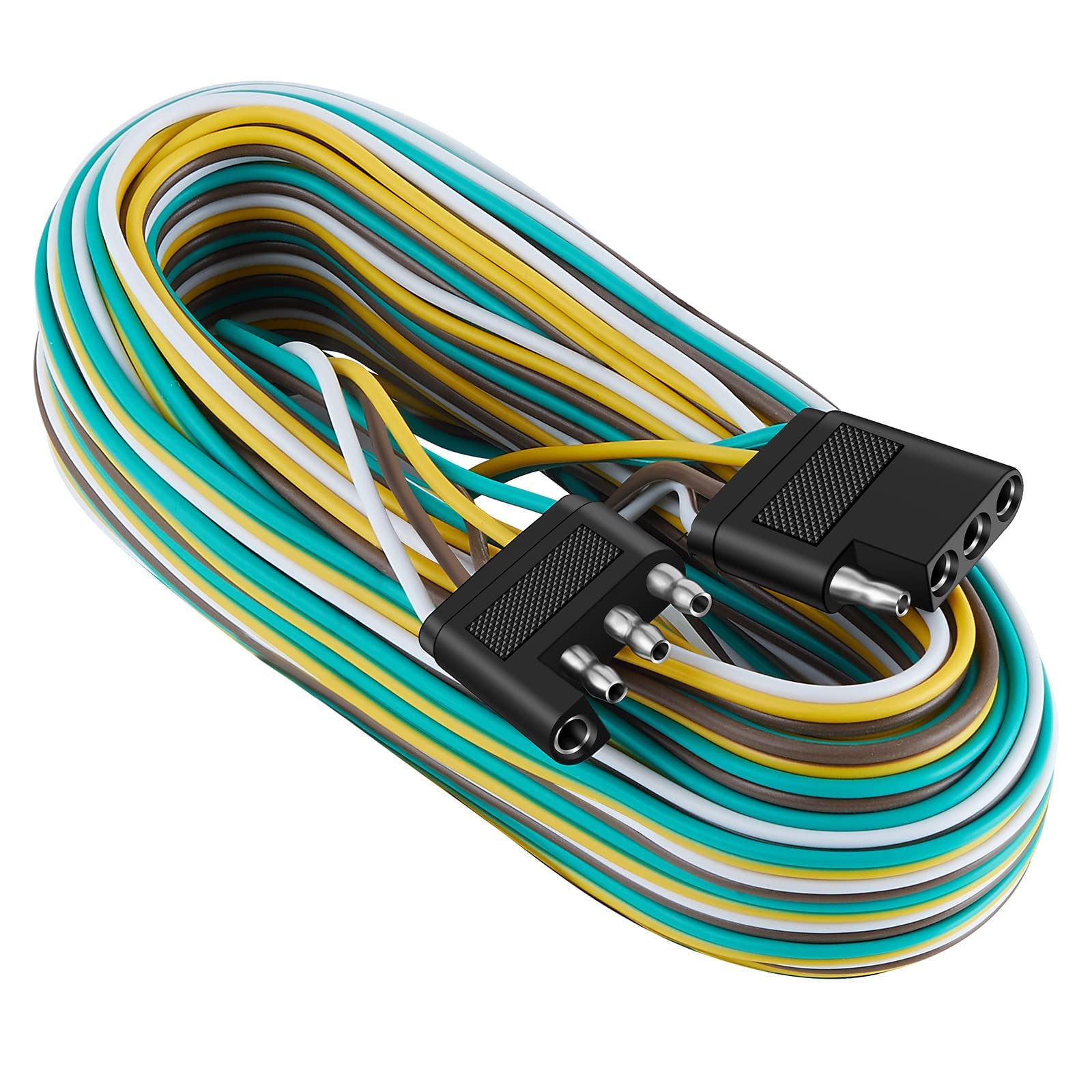 SUZCO 34' 4 Wire 4-Flat Trailer Light Wiring Harness Extension Kit, Custom-Made SAE J1128 with 4' White Ground Wire, 4-Way Plug 4 Pin 27' Male & 7' Female Wishbone-Style Extension